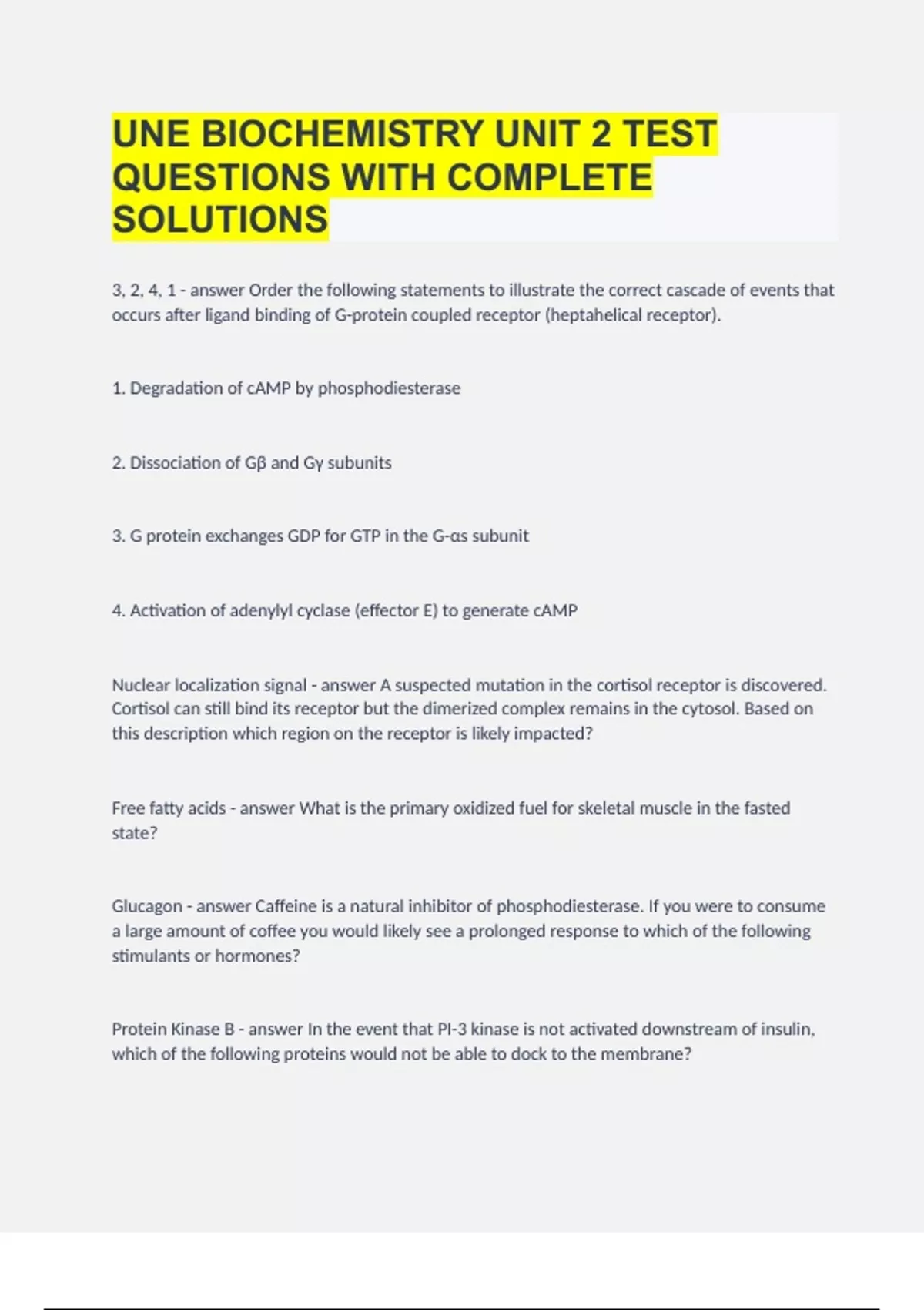 UNE BIOCHEMISTRY UNIT 2 TEST QUESTIONS WITH COMPLETE SOLUTIONS - Stuvia US