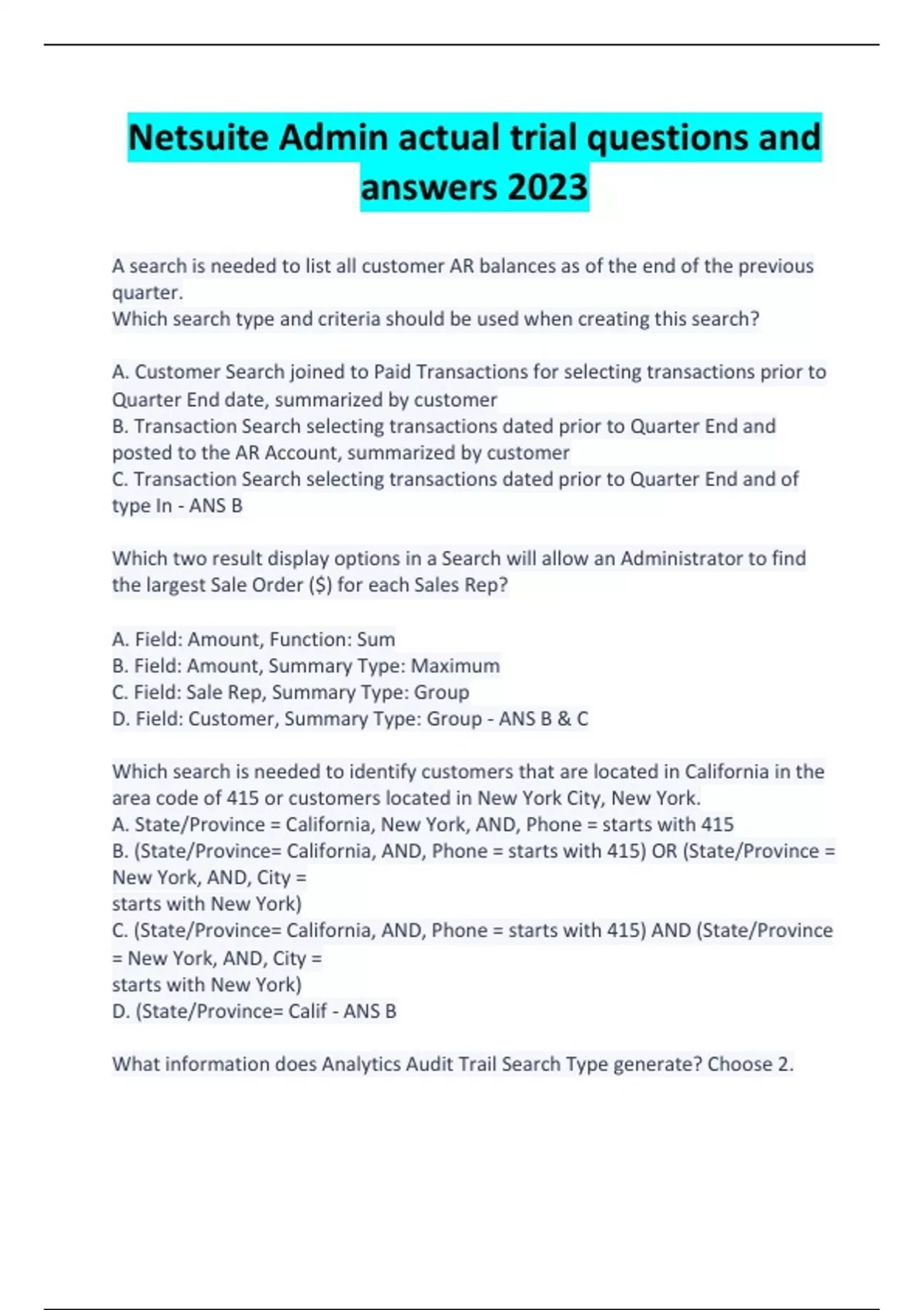 Netsuite Admin actual trial questions and answers 2023 - Netsuite - Stuvia US