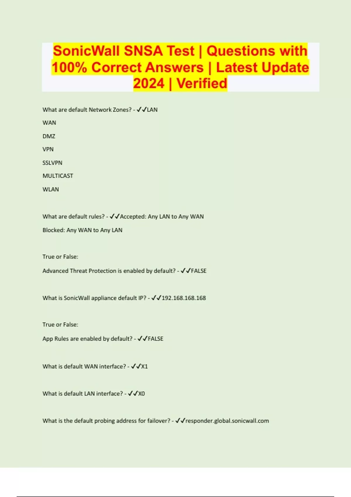SonicWall SNSA Test | Questions with 100% Correct Answers | Latest ...