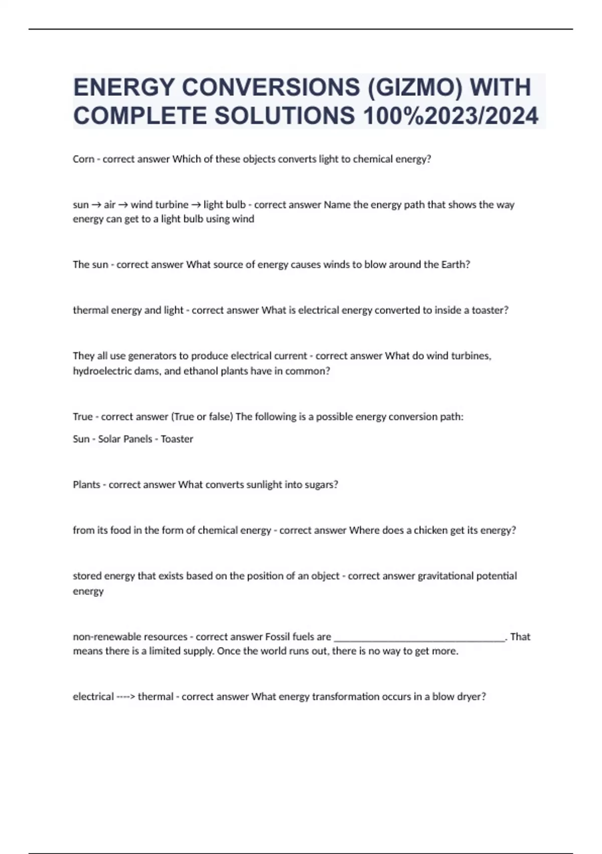 ENERGY CONVERSIONS (GIZMO) WITH COMPLETE SOLUTIONS 100%2023/2024 ...