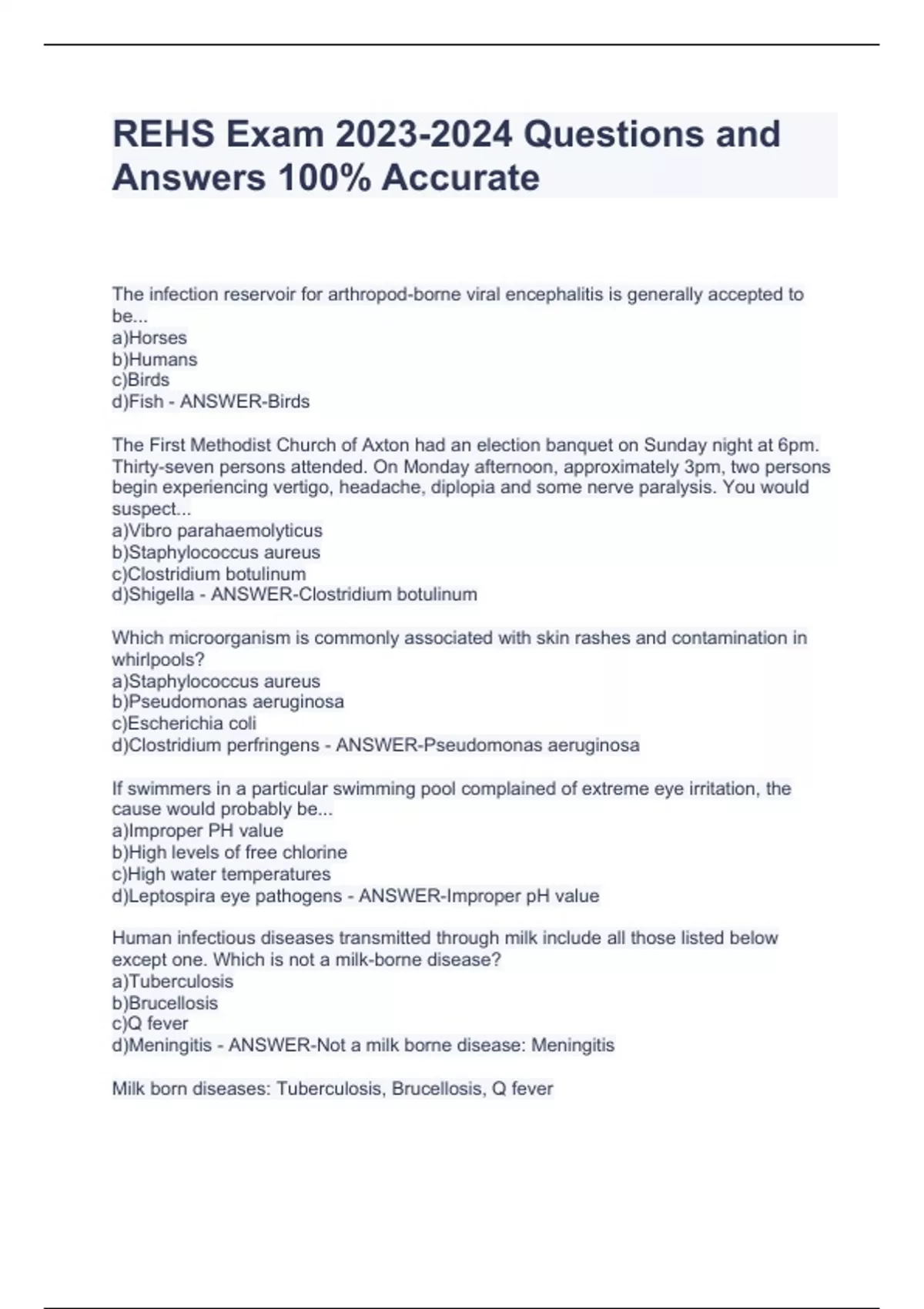 REHS Exam Questions and Answers 100% Accurate - REHS - Stuvia UK