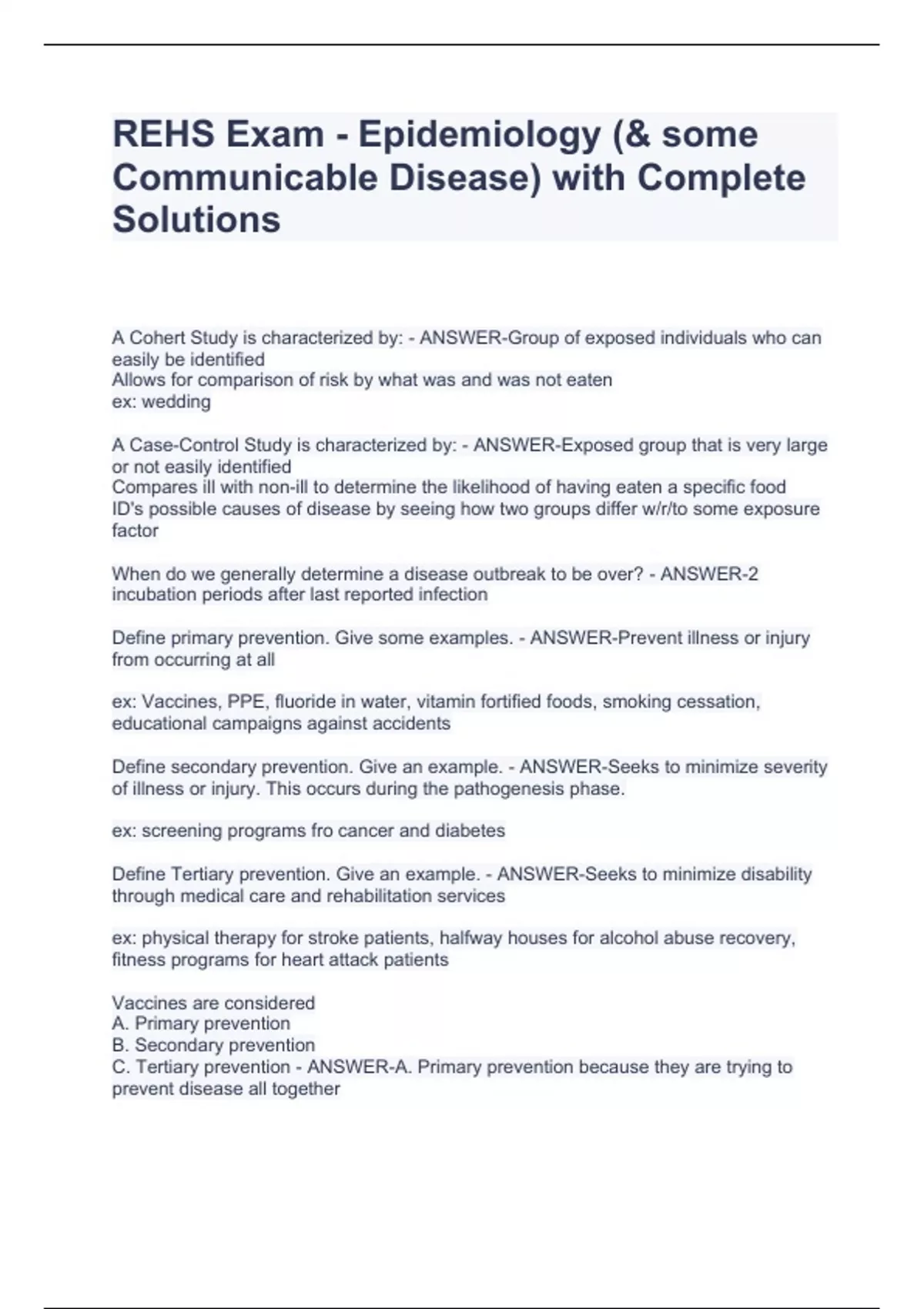 REHS Exam - Epidemiology (& some Communicable Disease) with Complete ...