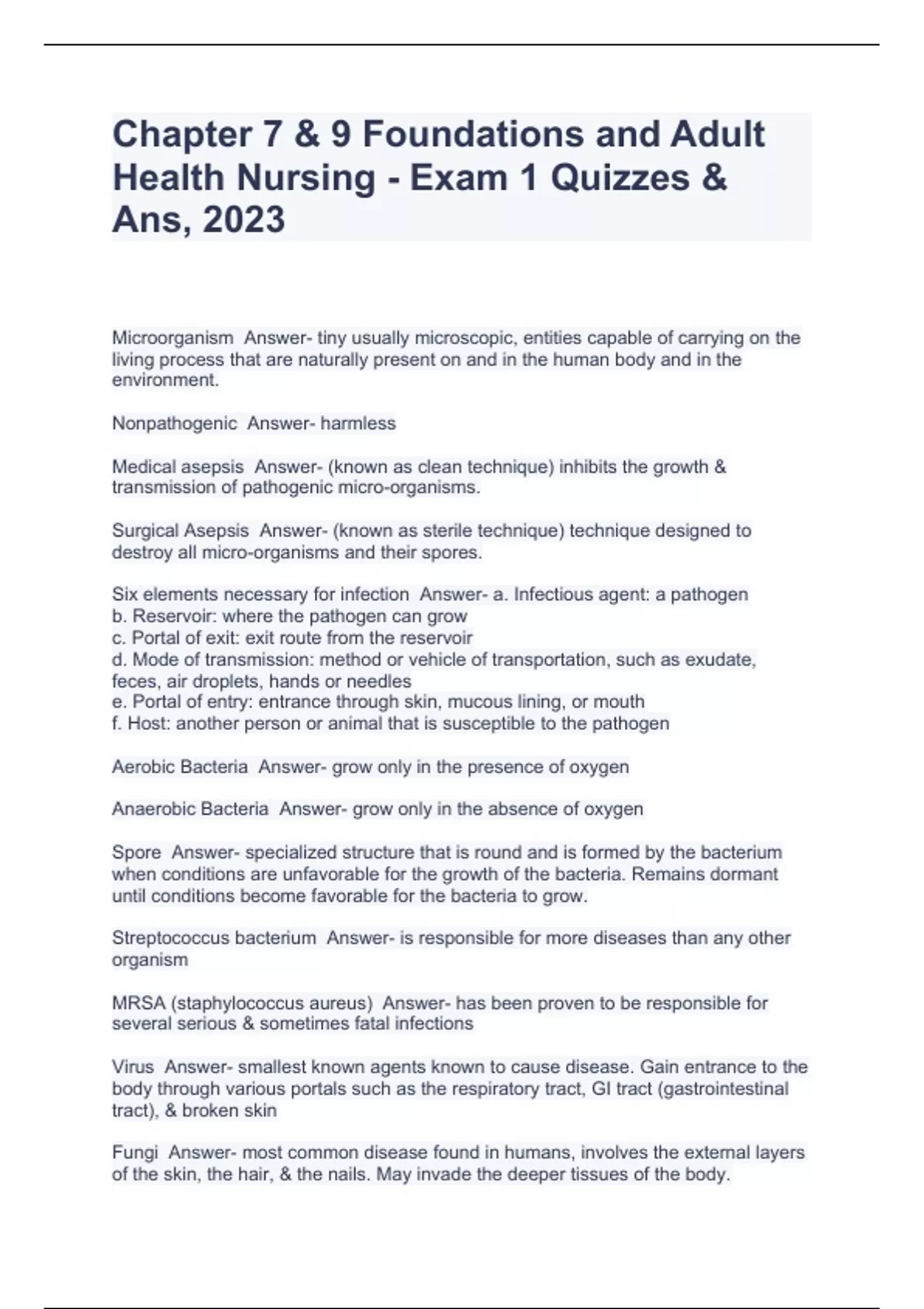 Chapter 7 & 9 Foundations and Adult Health Nursing - Exam 1 Quizzes & Ans, 2023 - Foundations ...