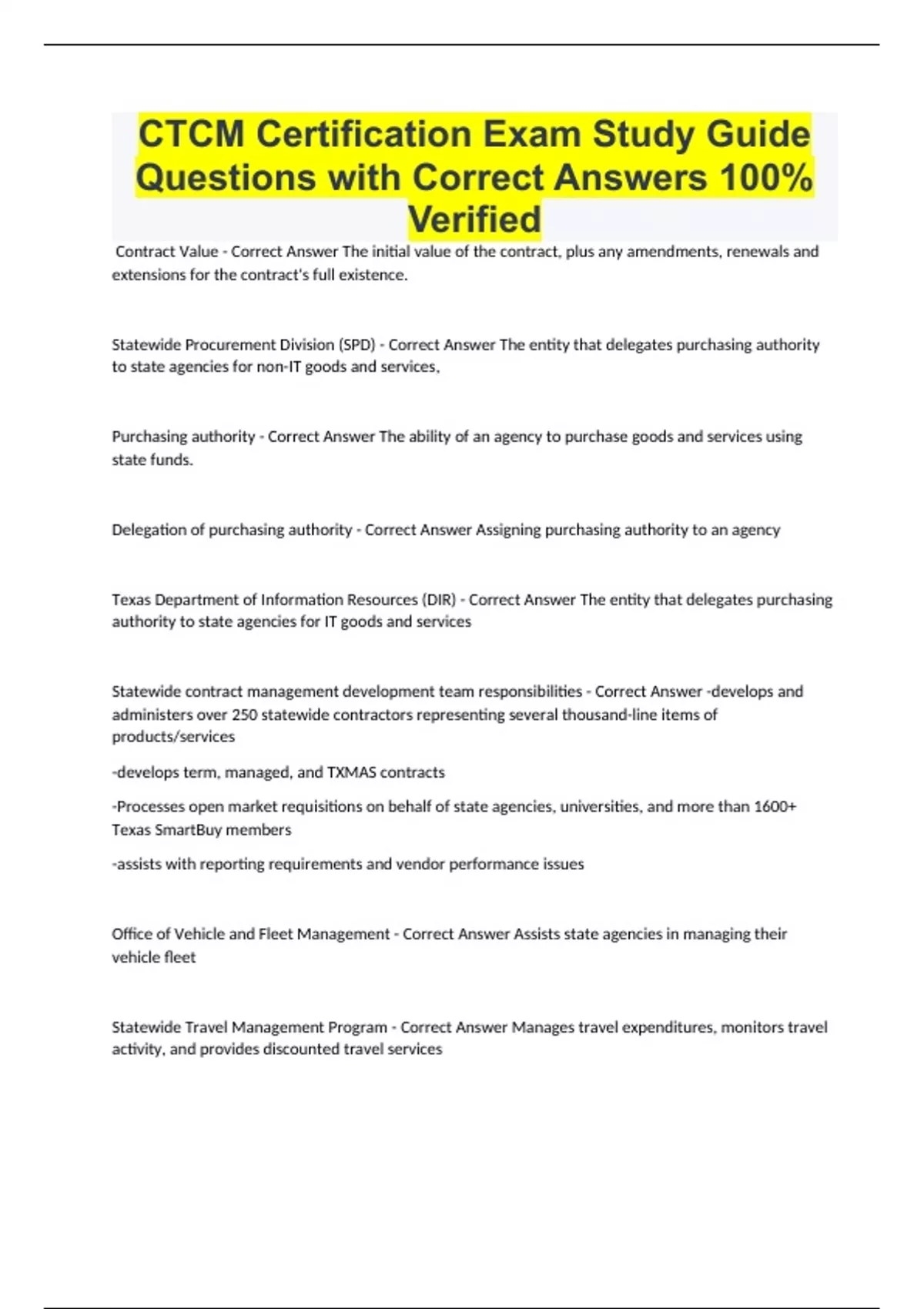 CTCM Certification Exam Study Guide Questions with Correct Answers 100% ...