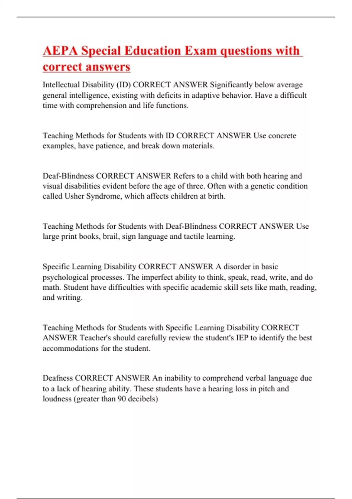 AEPA Special Education Exam questions with correct answers - AEPA - Stuvia US