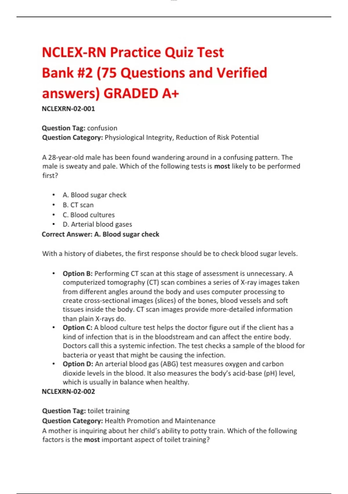 NCLEX-RN Practice Quiz Test Bank #2 (75 Questions and Verified answers ...