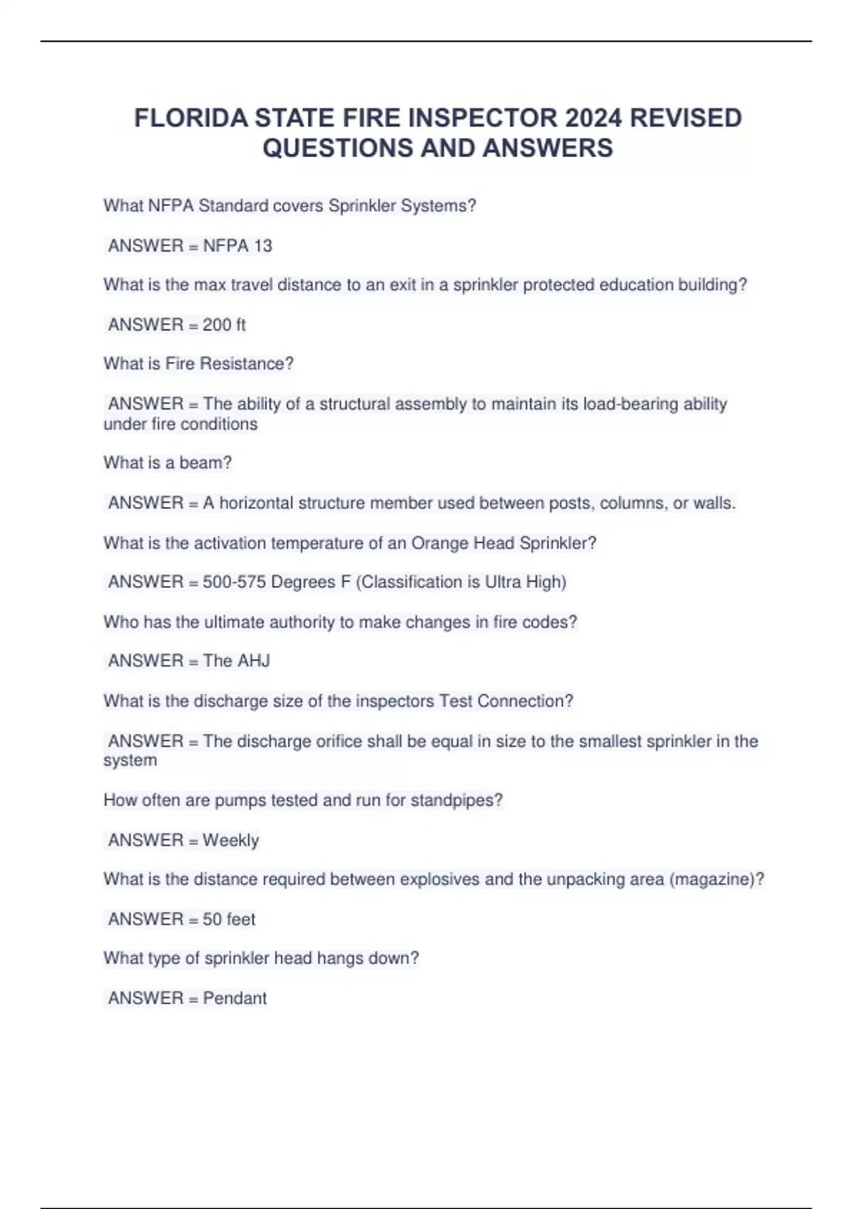 FLORIDA STATE FIRE INSPECTOR 2024 REVISED QUESTIONS AND ANSWERS ...