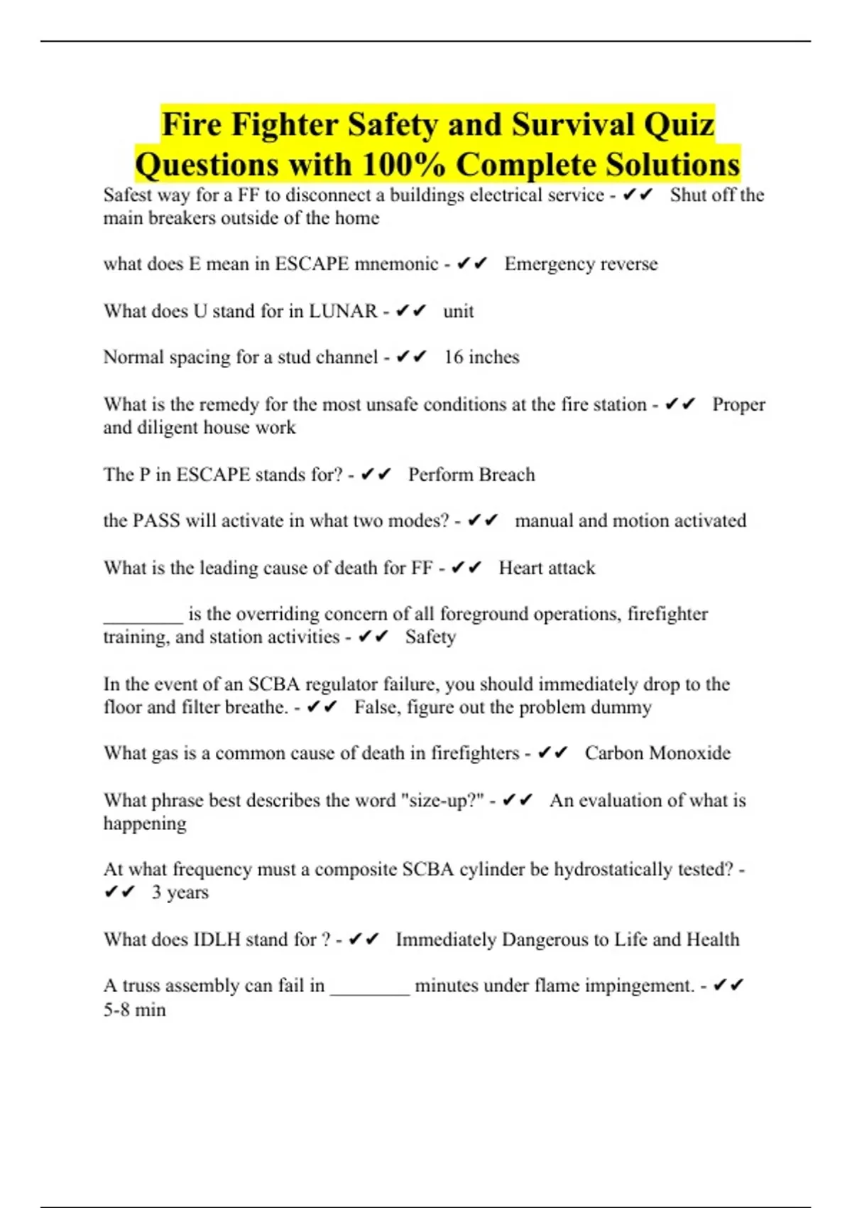 Fire Fighter Safety and Survival Quiz Questions with 100% Complete ...