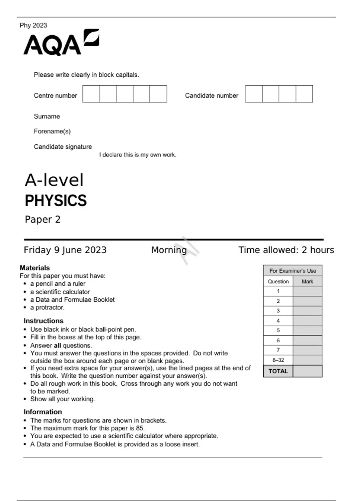 AQA A level PHYSICS Paper 2 JUNE 2023 question paper - A-level PHYSICS ...