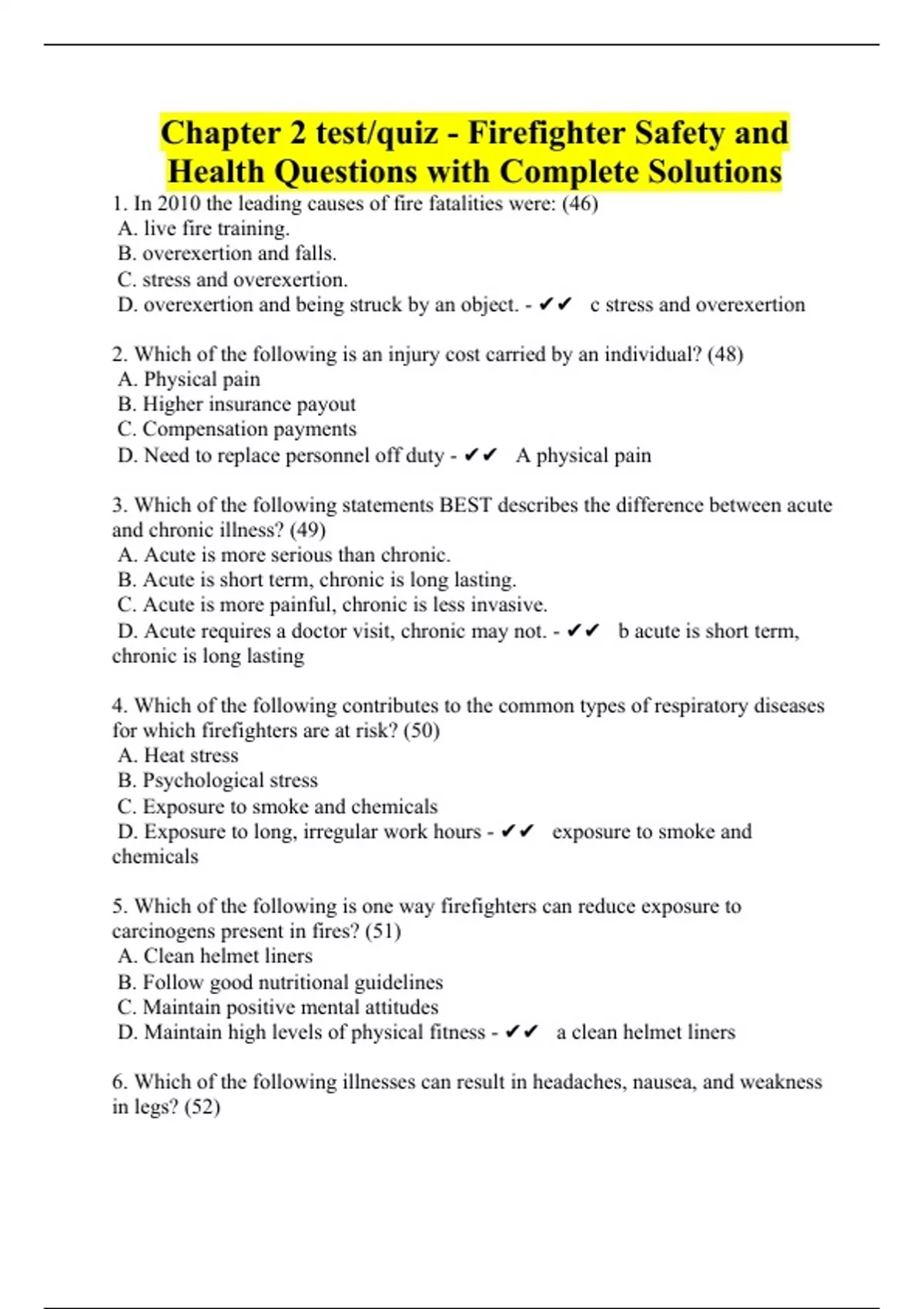 Chapter 2 test/quiz - Firefighter Safety and Health Questions with ...