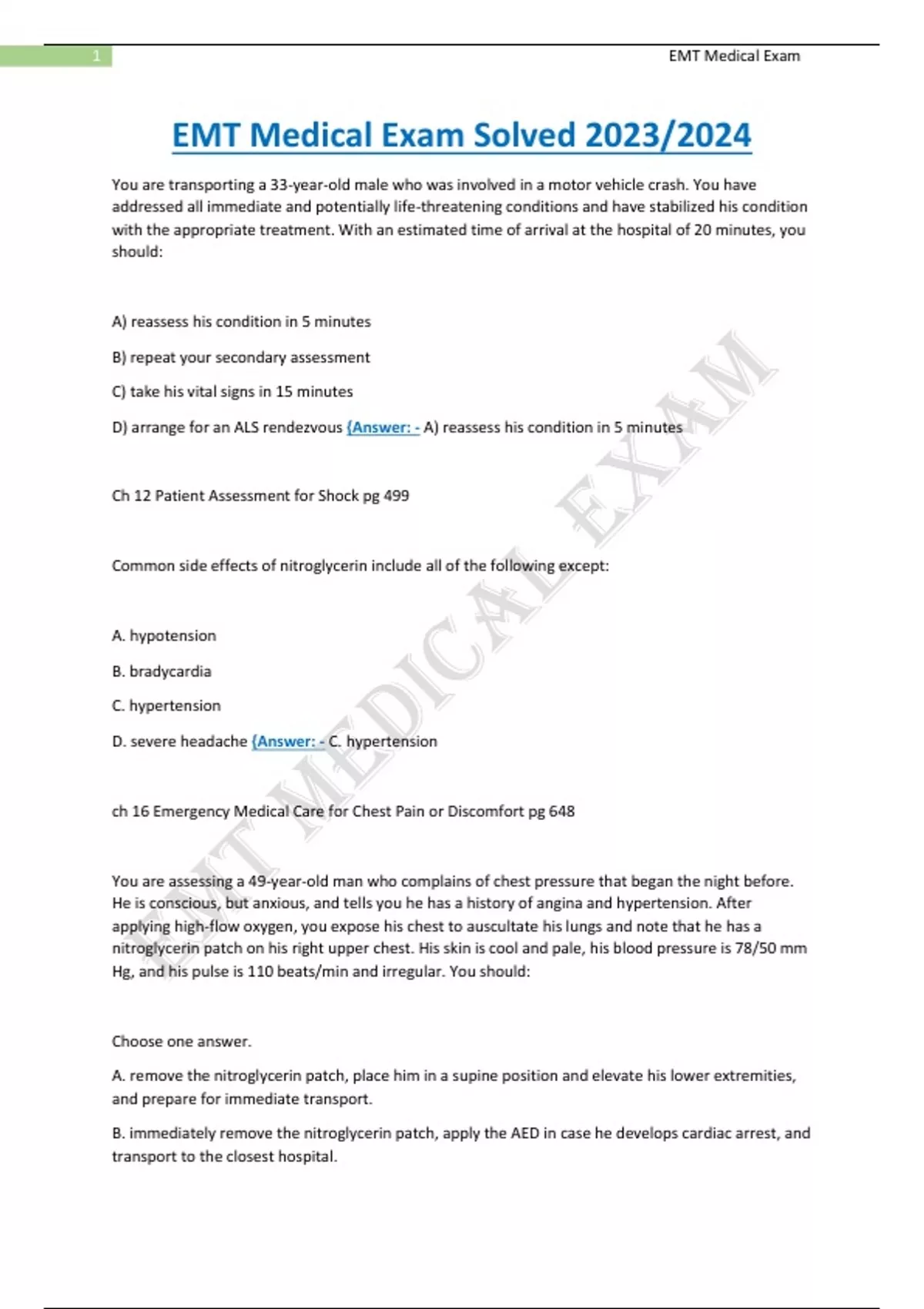 EMT Medical Exam Solved 2023/2024| Guarantee Pass - EMT Medical - Stuvia US