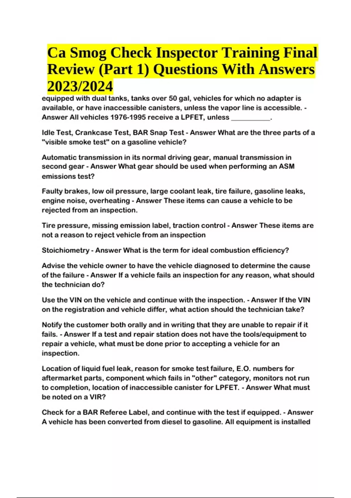 Smog Check Inspector CA Exam Questions With Answers Latest Update 2023/ ...