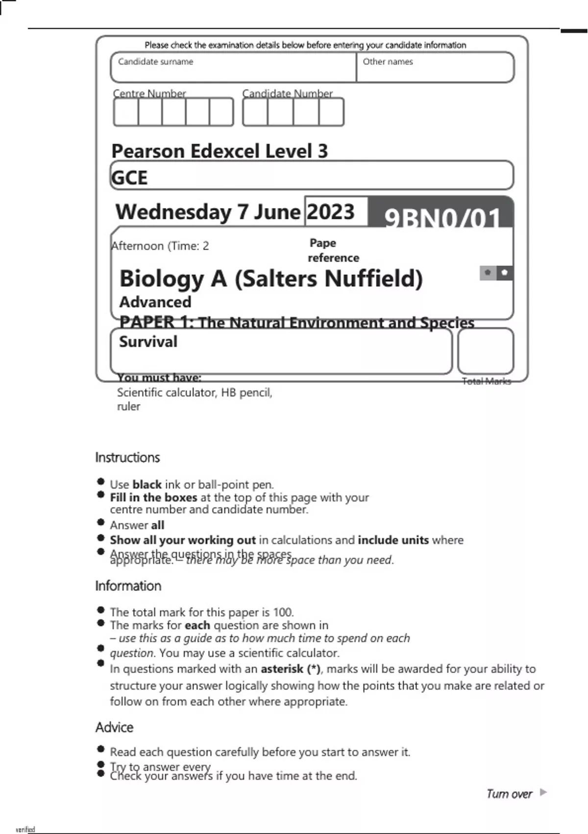 Pearson Edexcel Biology A (Salters Nuffield) 9BN0/01 Question Paper and ...
