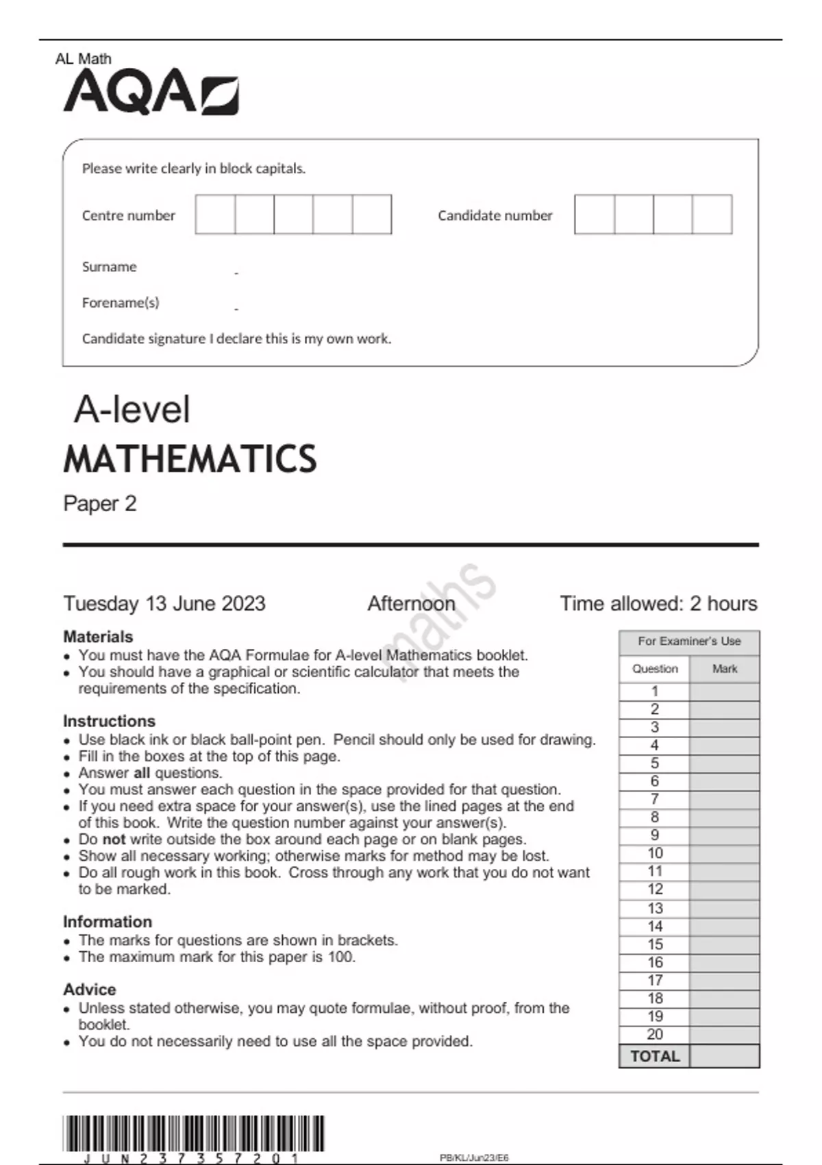 AQA A level MATHEMATICS Paper 2 June 2023 Question paper - A-level ...
