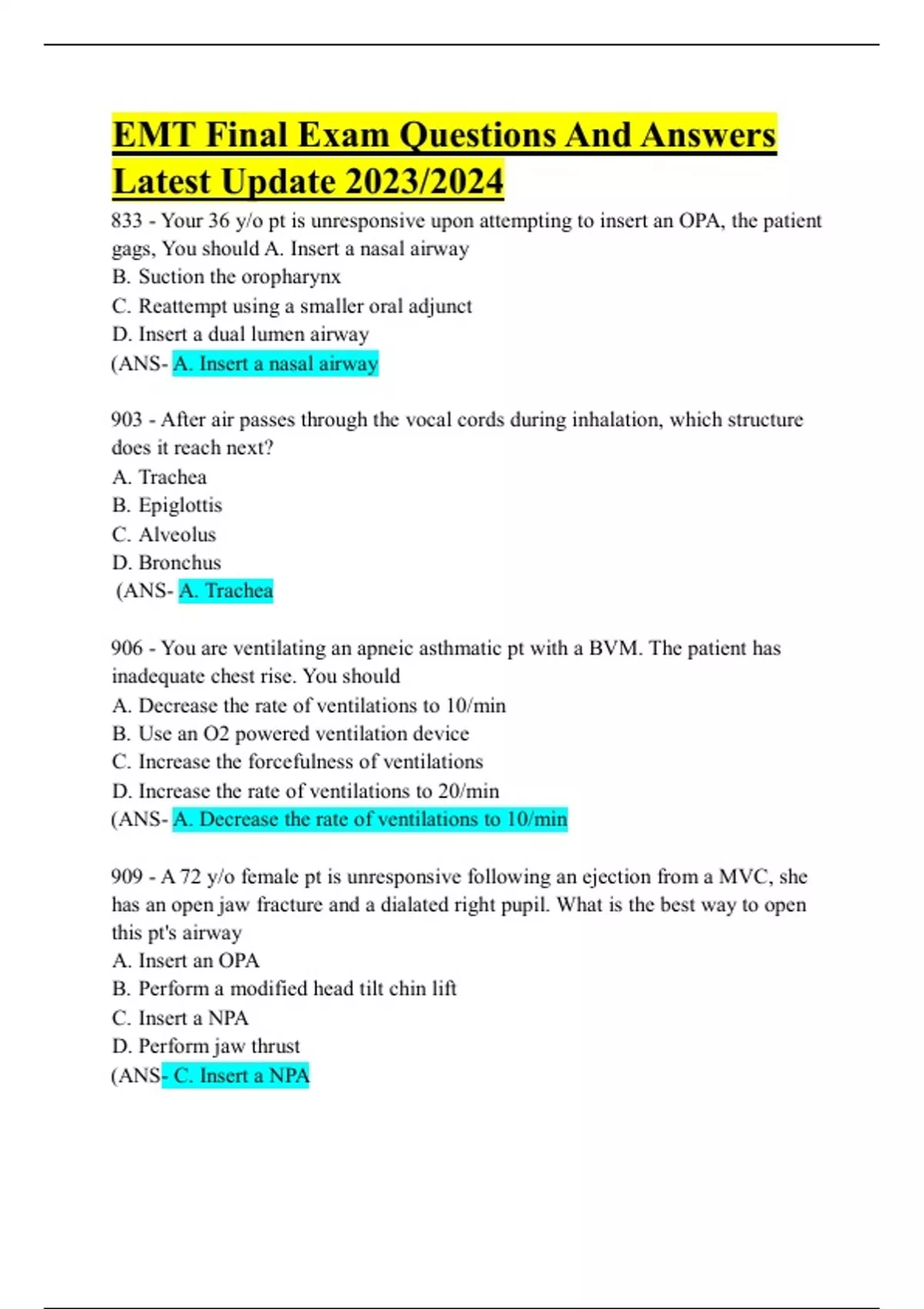 EMT Final Exam Questions And Answers Latest Update - Nursing ...