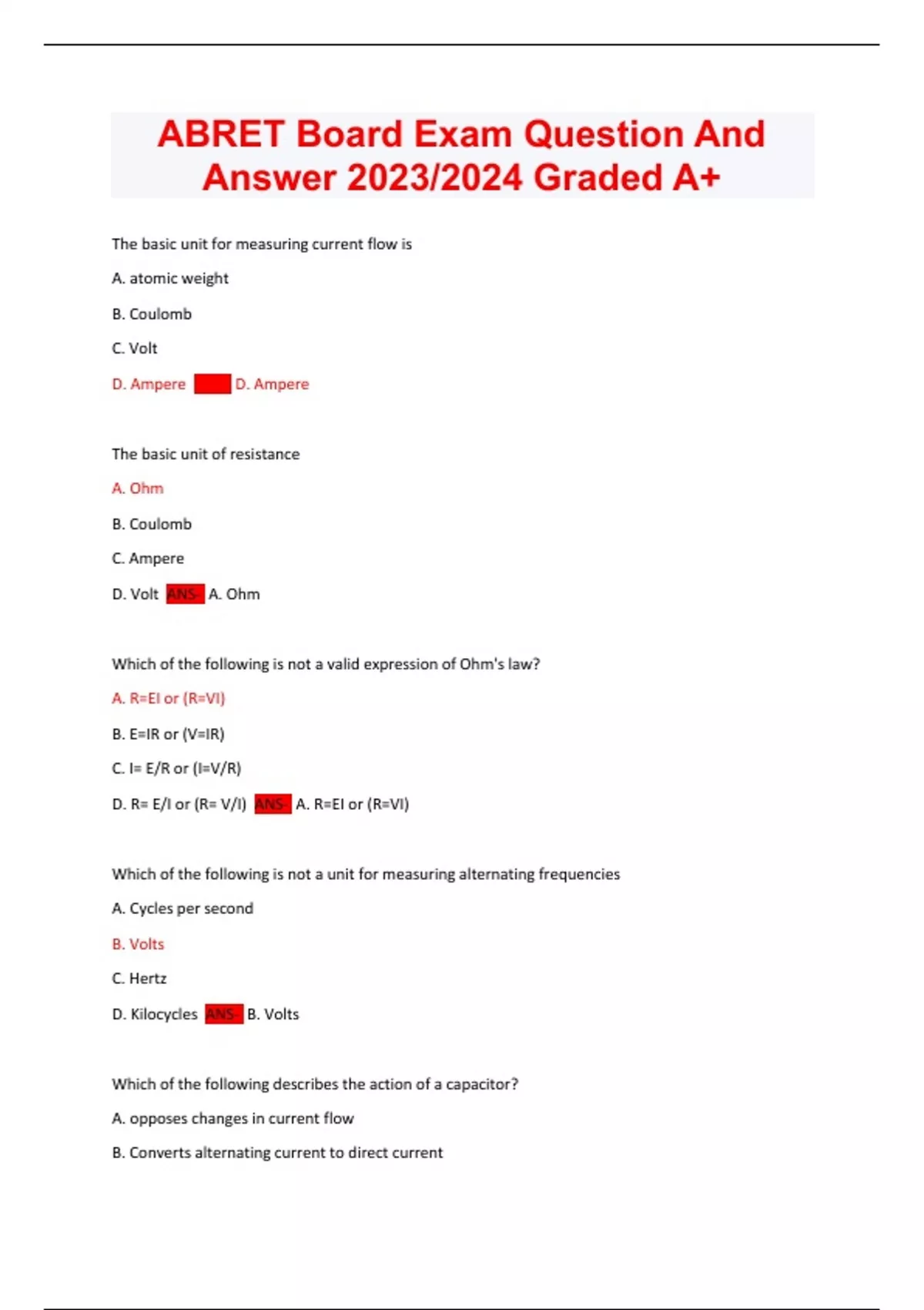 ABRET Board Exam Question And Answer 2023/2024 Graded A+ - ABRET Board ...