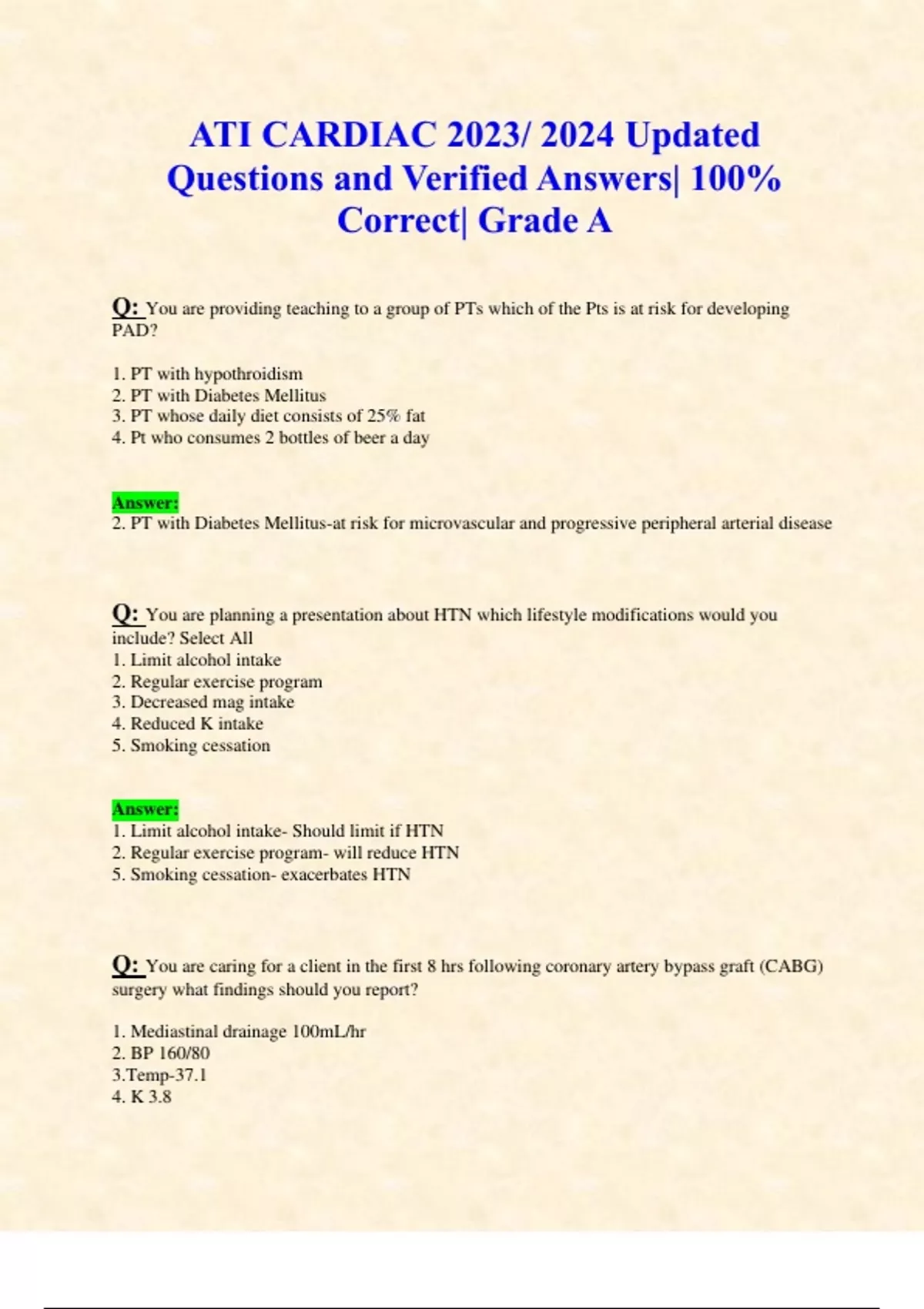 ATI CARDIAC (STUDY BUNDLE) 2023/ 2024 Updated Questions and Verified ...