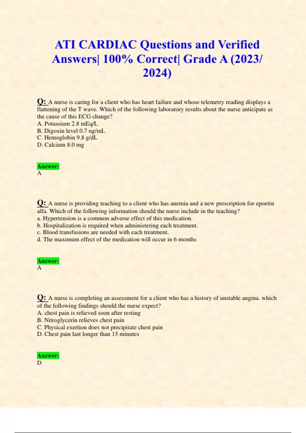ATI CARDIAC Questions and Verified Answers| 100% Correct| Grade A (2023 ...