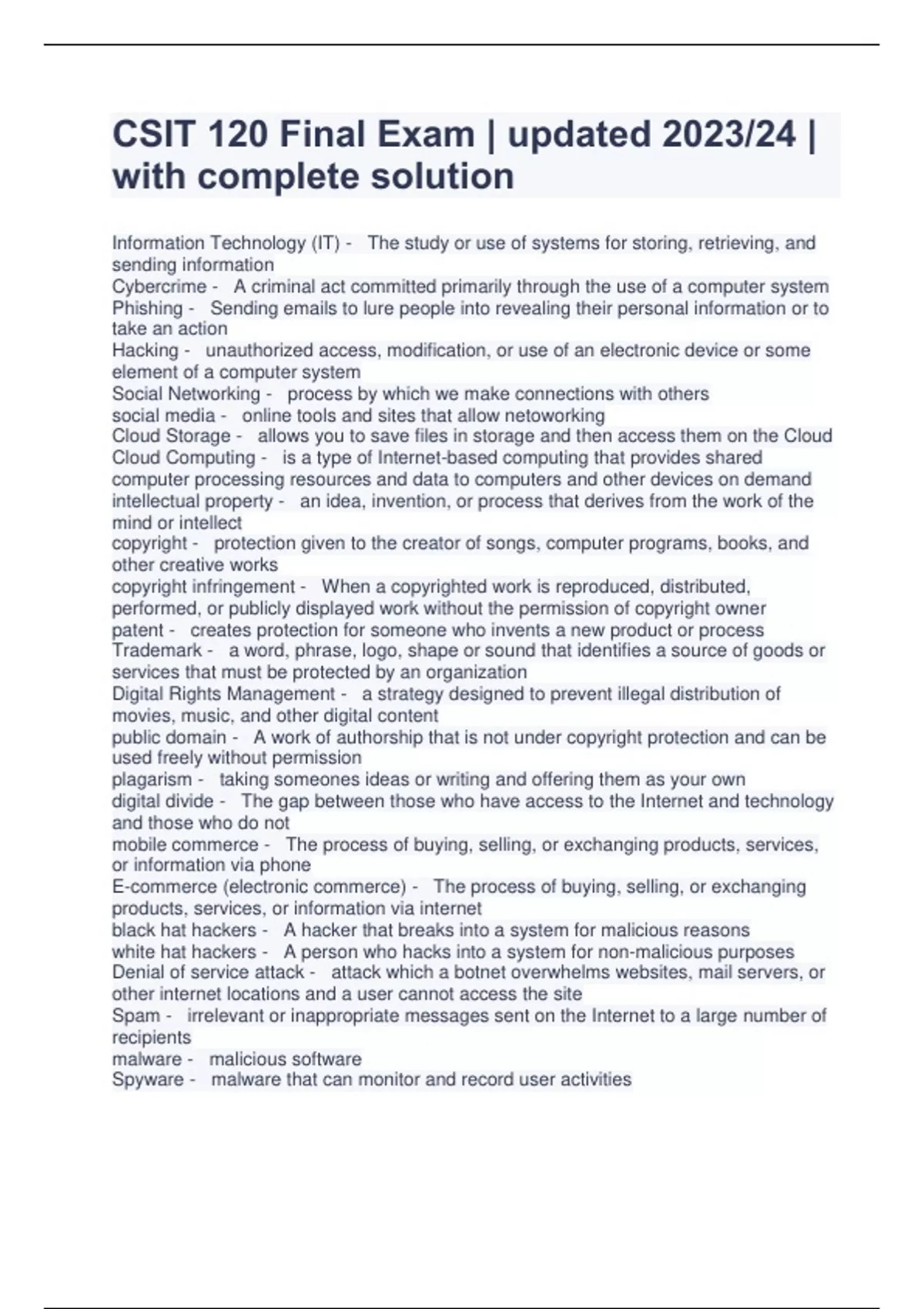CSIT 120 Final Exam | updated 2023/24 | with complete solution - CSIT 120 - Stuvia US