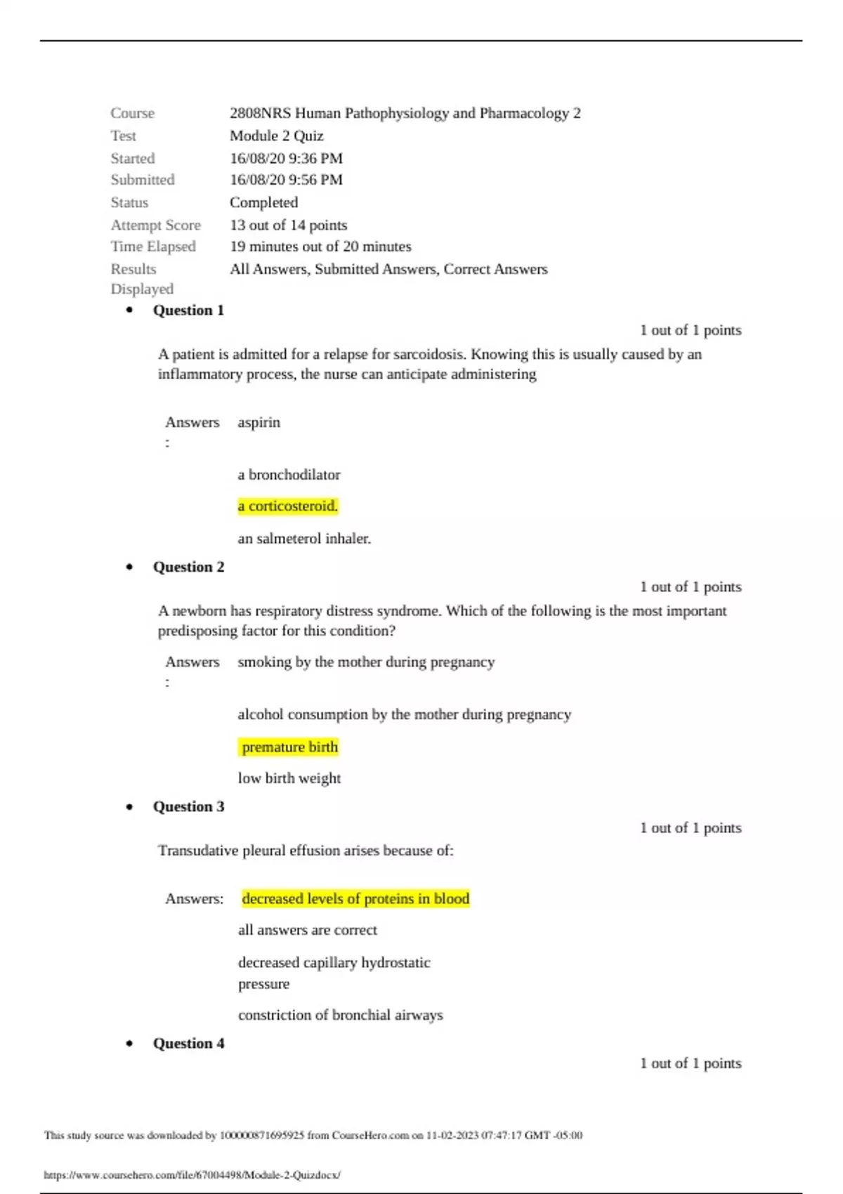 2808NRS Human Pathophysiology and Pharmacology 2 Test Module 2 Quiz ...