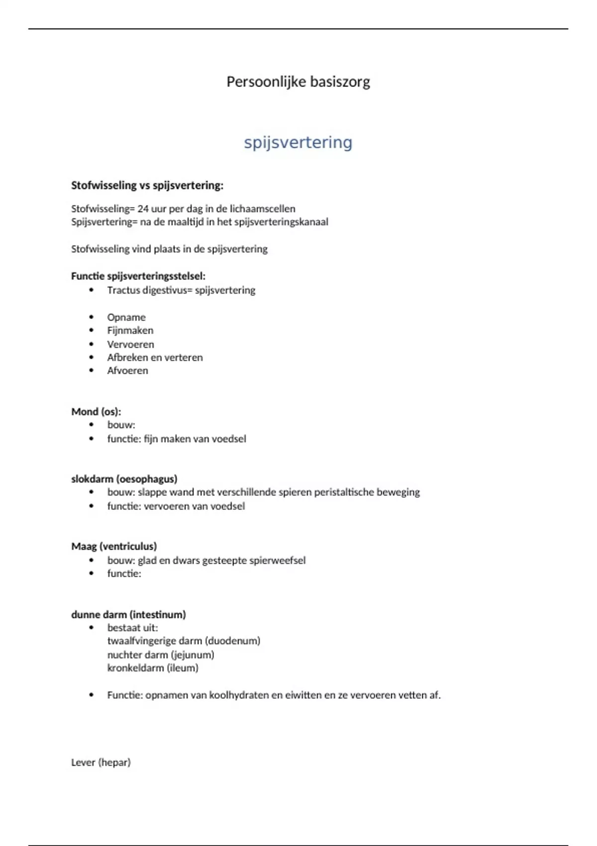 Samenvatting Persoonlijke basiszorg spijsvertering, voeding en ...