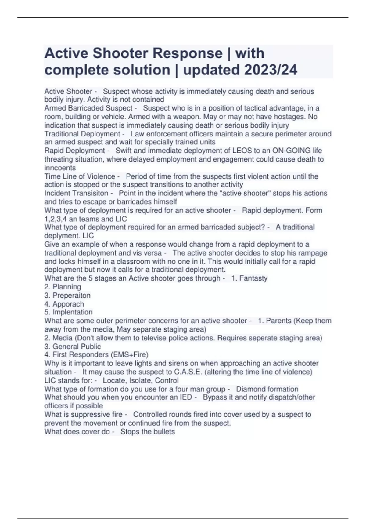 Active Shooter Response | with complete solution | updated 2023/24 - Active Shooter Response ...