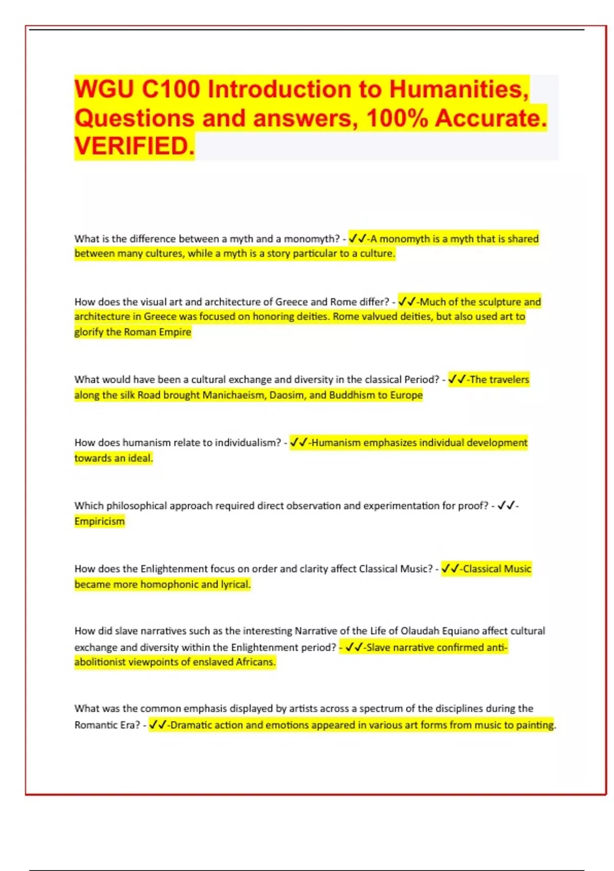 (ACE FOR 2024/2025 EXAM REVIEW) WGU C100 Introduction to Humanities ...