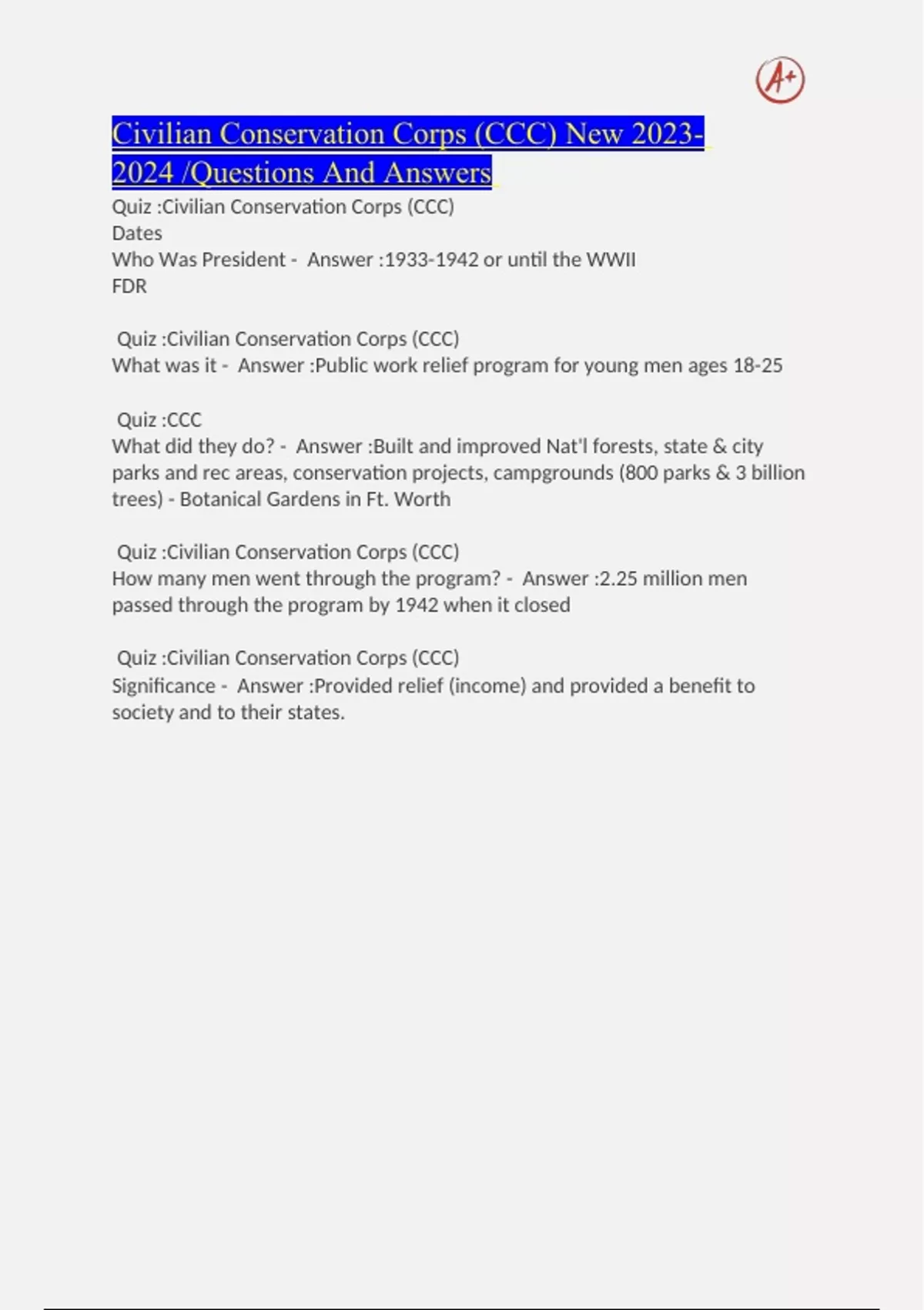 Civilian Conservation Corps (CCC) New /Questions And Answers - Civilian ...