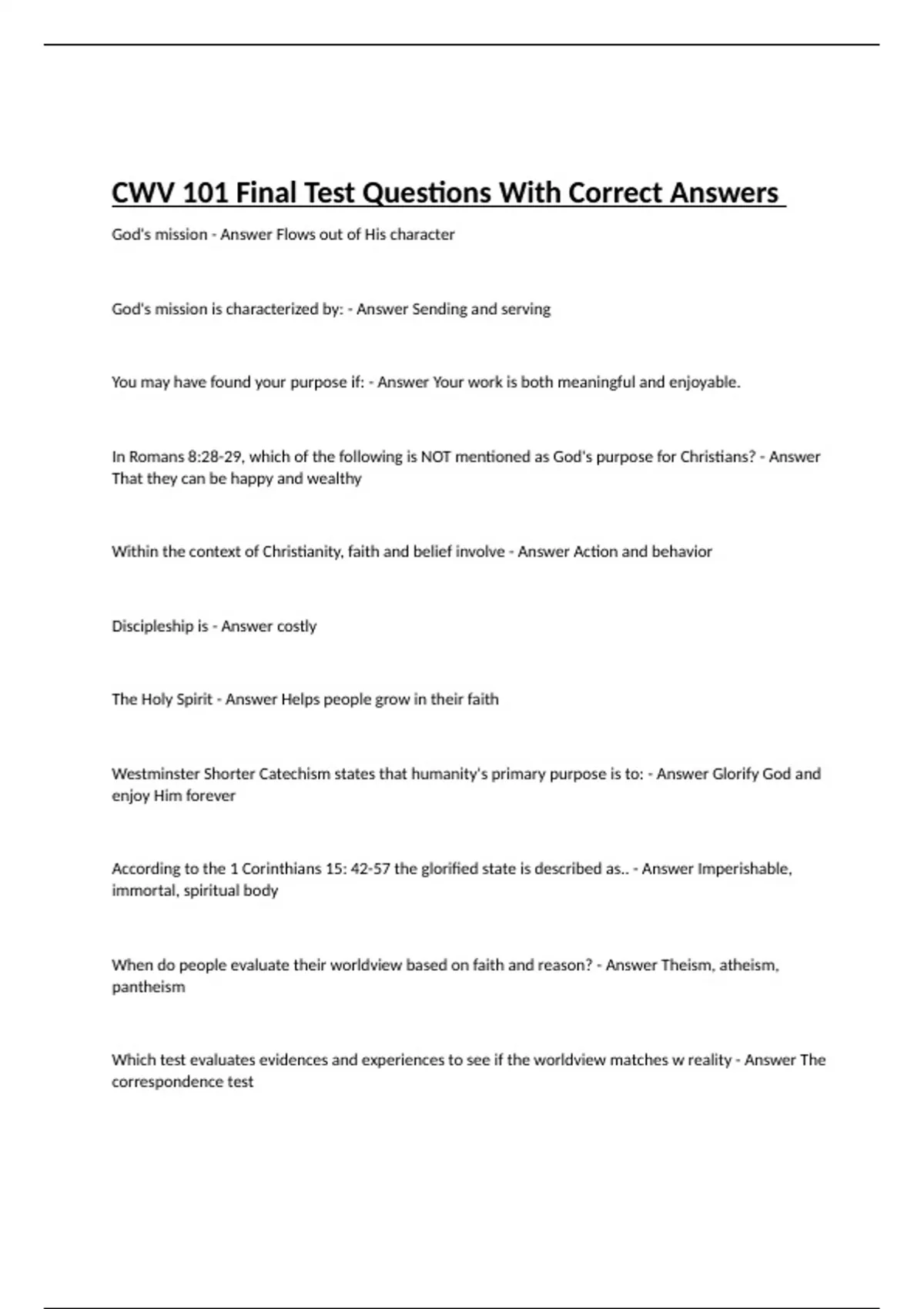 CWV 101 Final Test Questions With Correct Answers - CWV 101 - Stuvia US