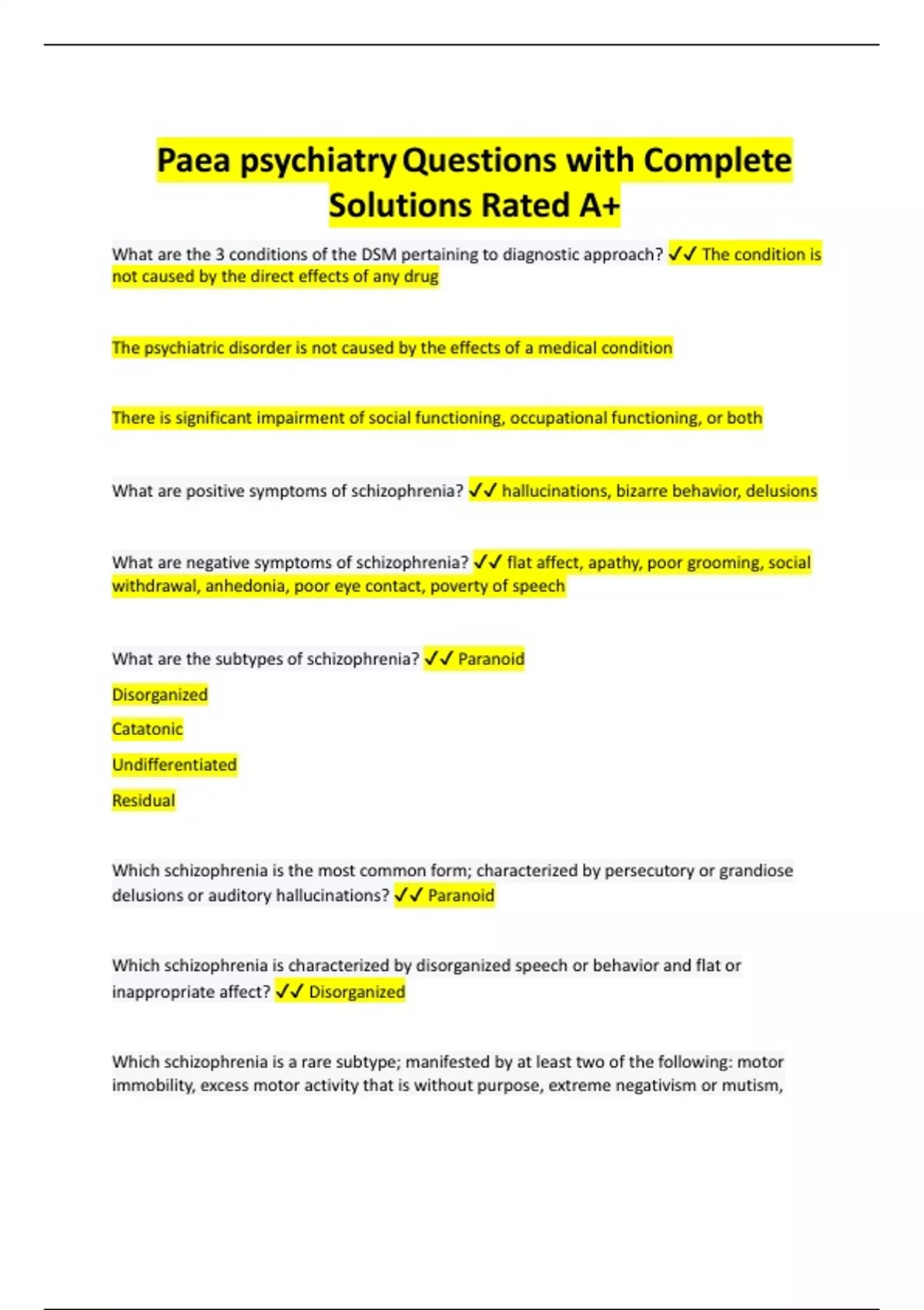 Paea psychiatry Questions with Complete Solutions Rated A+ 2023 - Paea ...