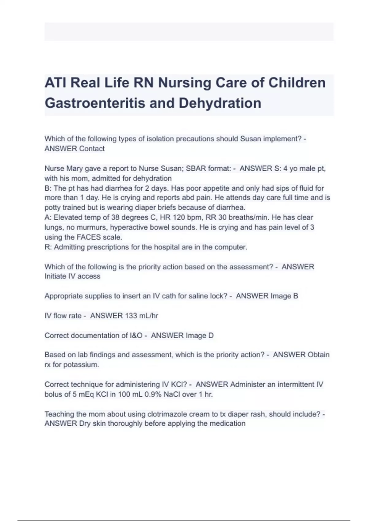 ATI Real Life RN Nursing Care of Children Gastroenteritis and ...