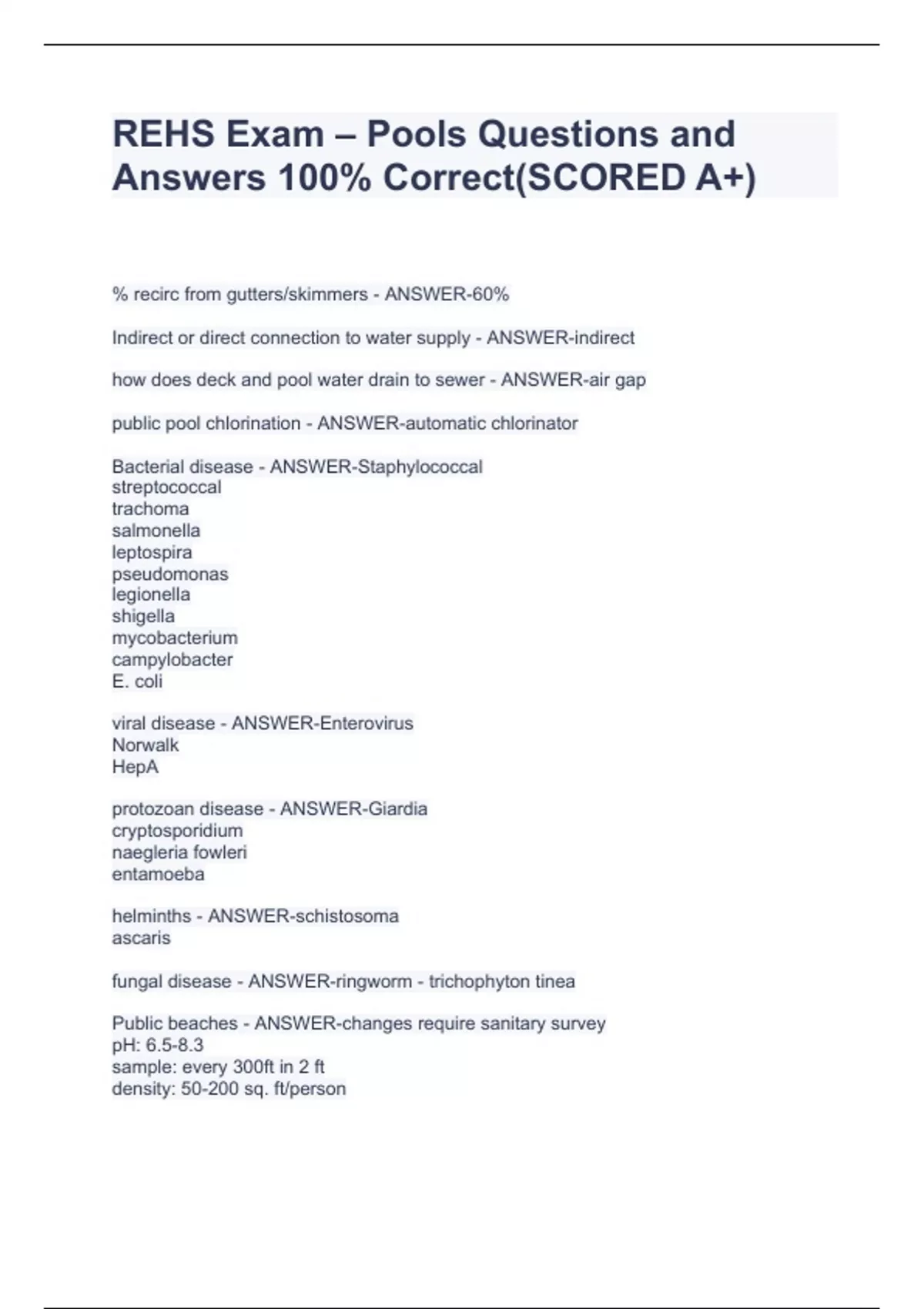 REHS Exam – Pools Questions and Answers 100% Correct(SCORED A+) - REHS ...
