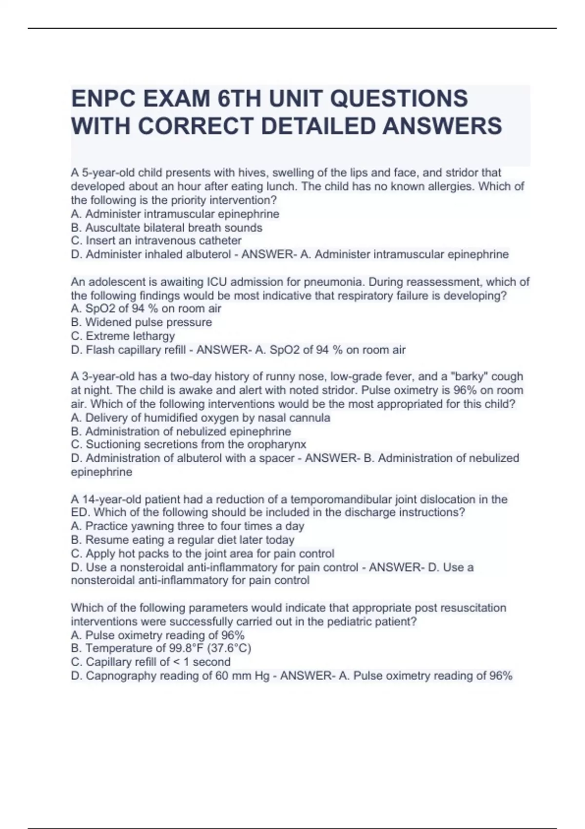 ENPC EXAM 6TH UNIT QUESTIONS WITH CORRECT DETAILED ANSWERS - ENPC ...