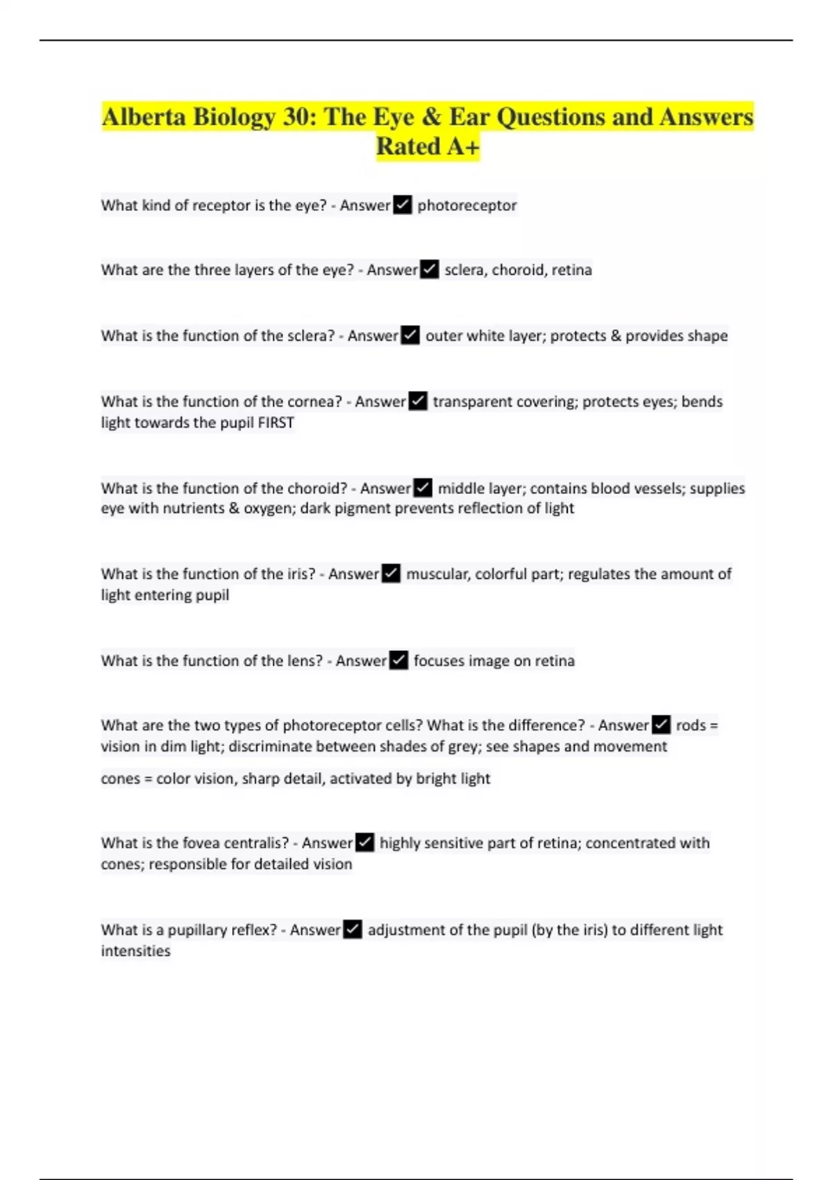 Alberta Biology 30: The Eye & Ear Questions and Answers Rated A+ | 2024 ...