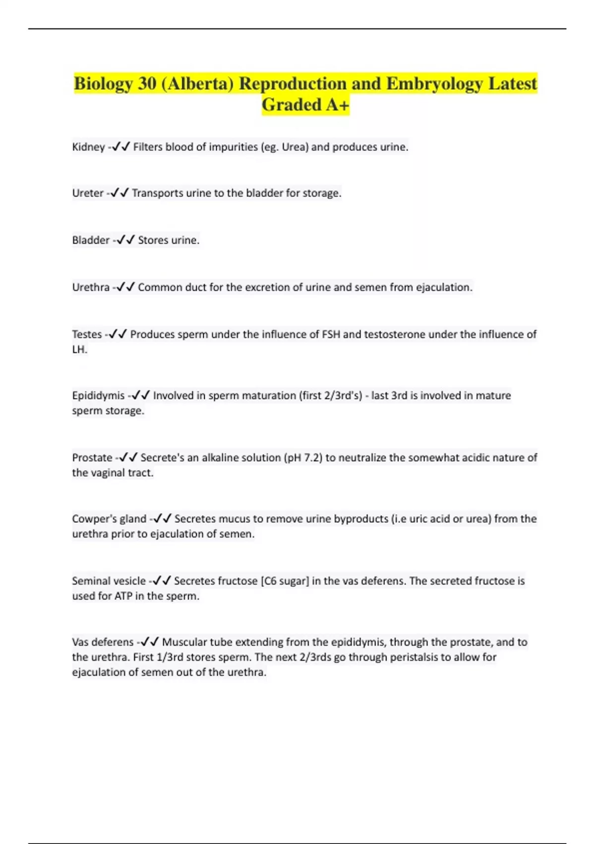 Biology 30 (Alberta) Reproduction and Embryology Latest Graded A+ ...