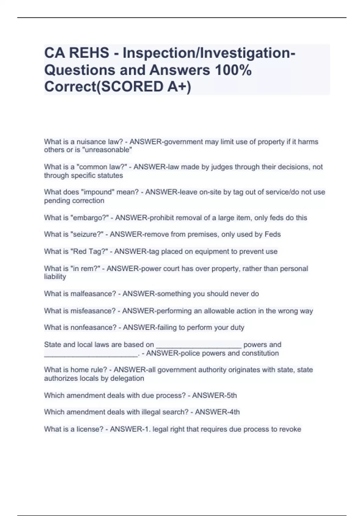 CA REHS - Inspection/Investigation-Questions and Answers 100% Correct ...