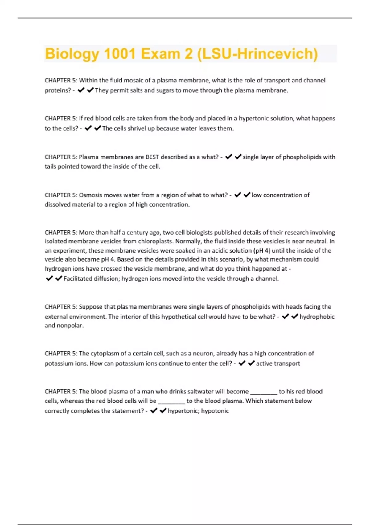 Biology 1001 Exam 2 (LSU-Hrincevich) Questions and Answers Solved ...