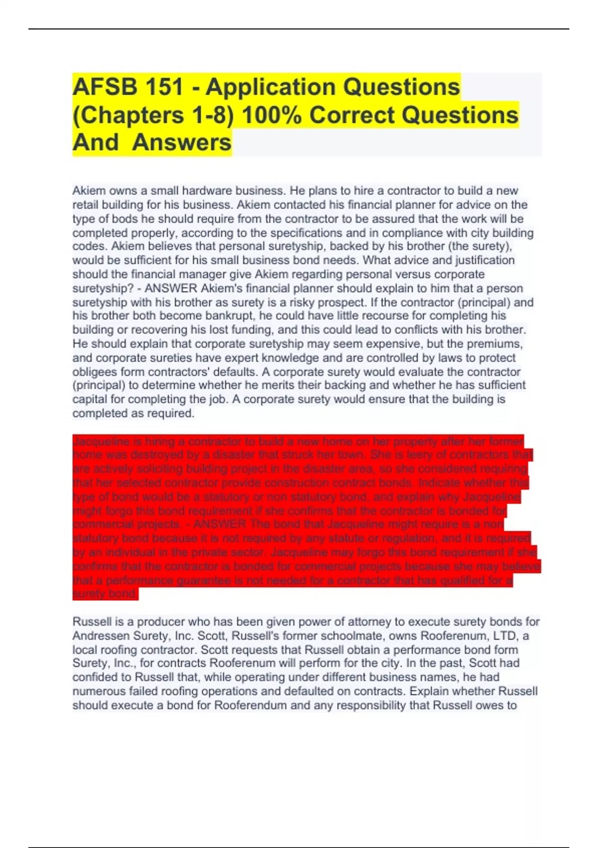 AFSB 151 - Application Questions (Chapters 1-8) 100% Correct Questions ...