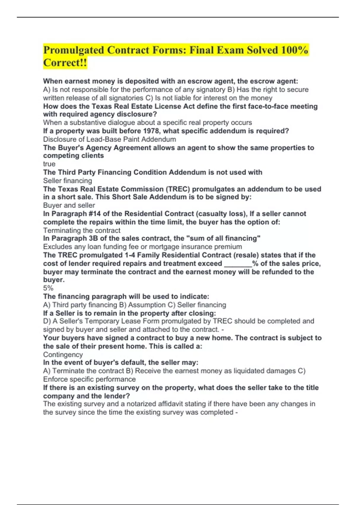 Promulgated Contract Forms: Final Exam Solved 100% Correct ...