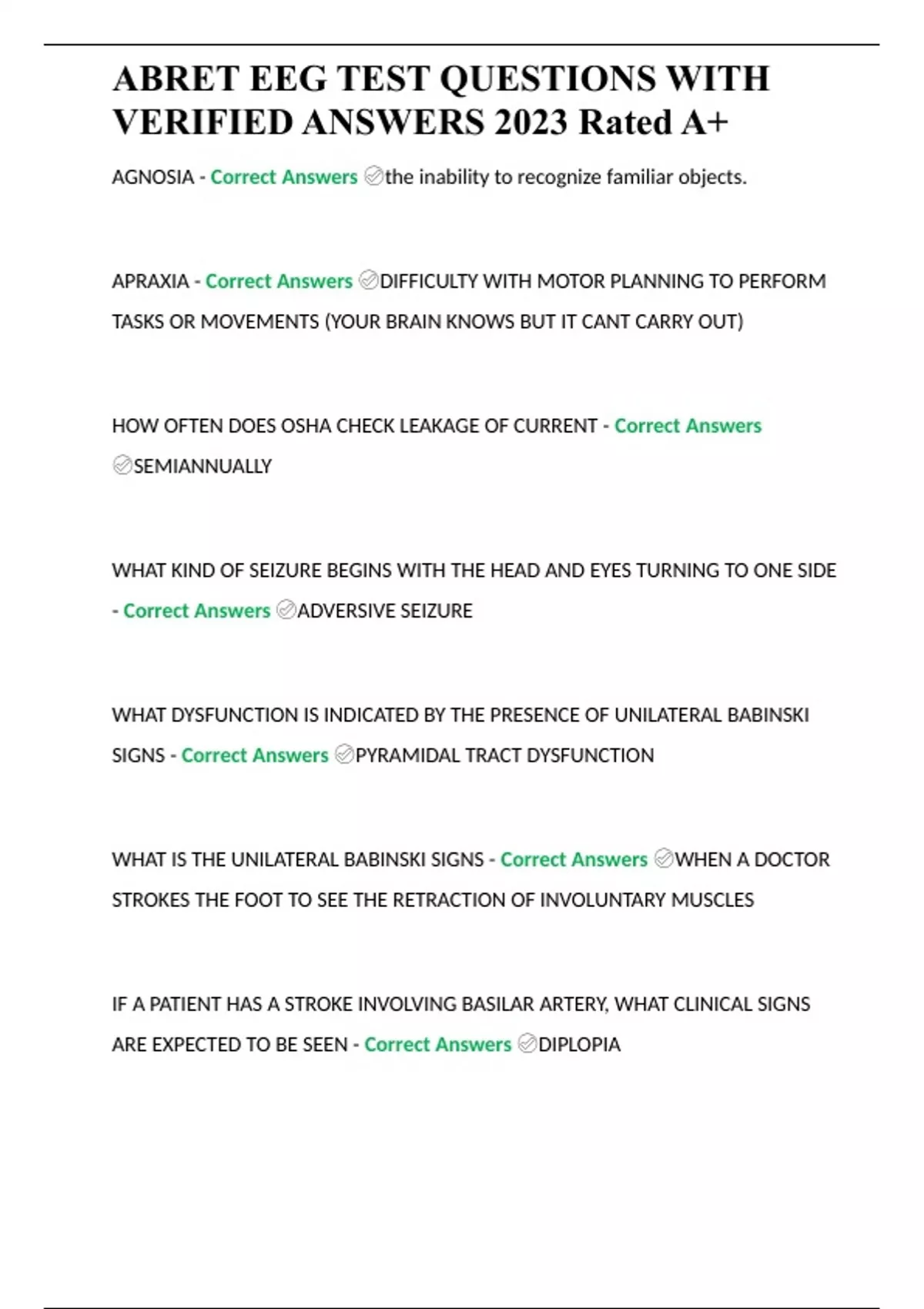 ABRET EEG TEST QUESTIONS WITH VERIFIED ANSWERS 2023 Rated A+ - ABRET ...