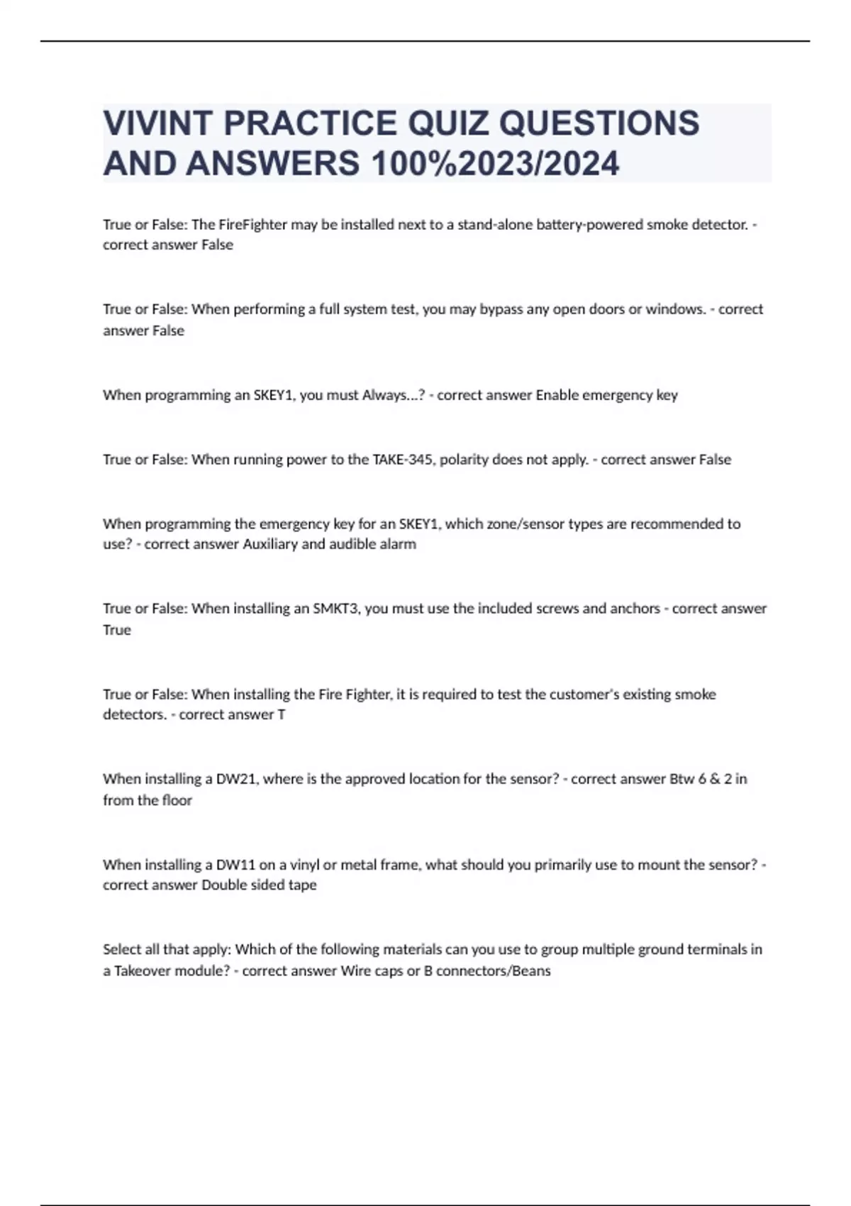 VIVINT PRACTICE QUIZ QUESTIONS AND ANSWERS 100%2023/2024 - Vivint - Stuvia US