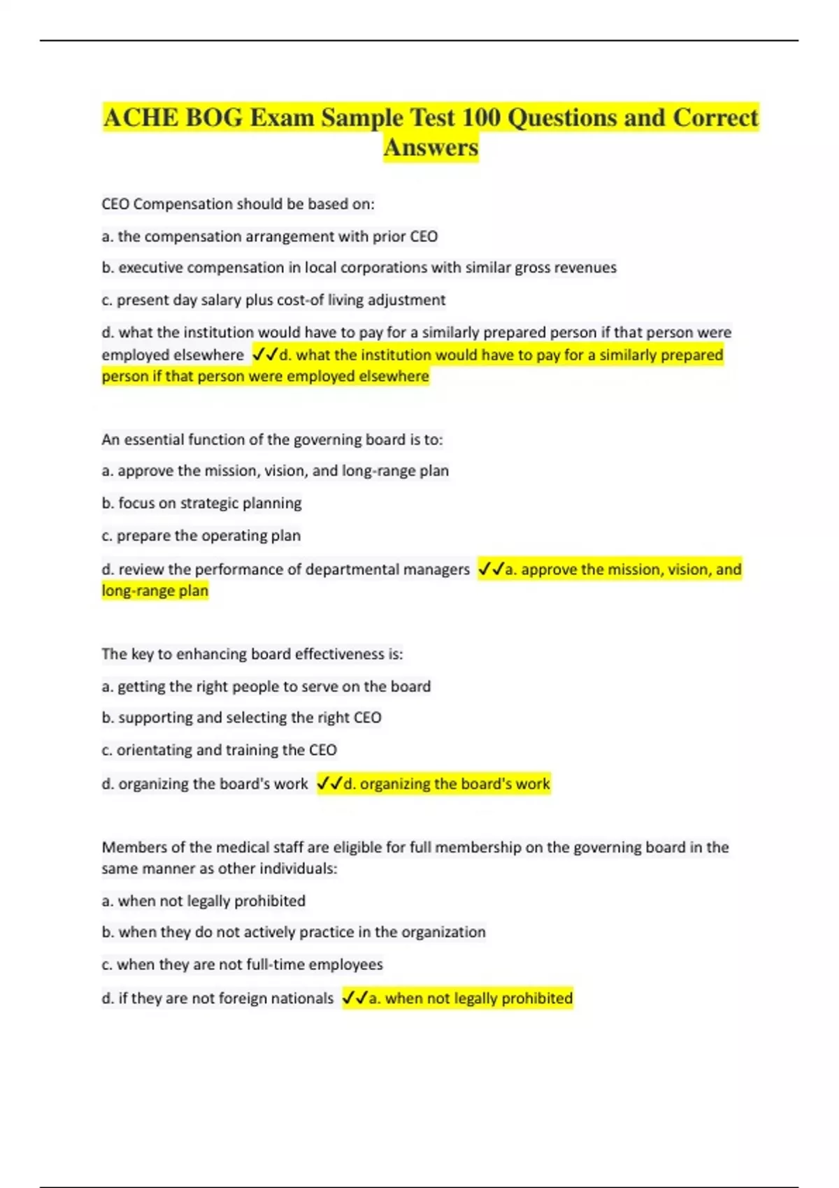 ACHE BOG Sample Test Questions and Answers Rated A+ According to the ...