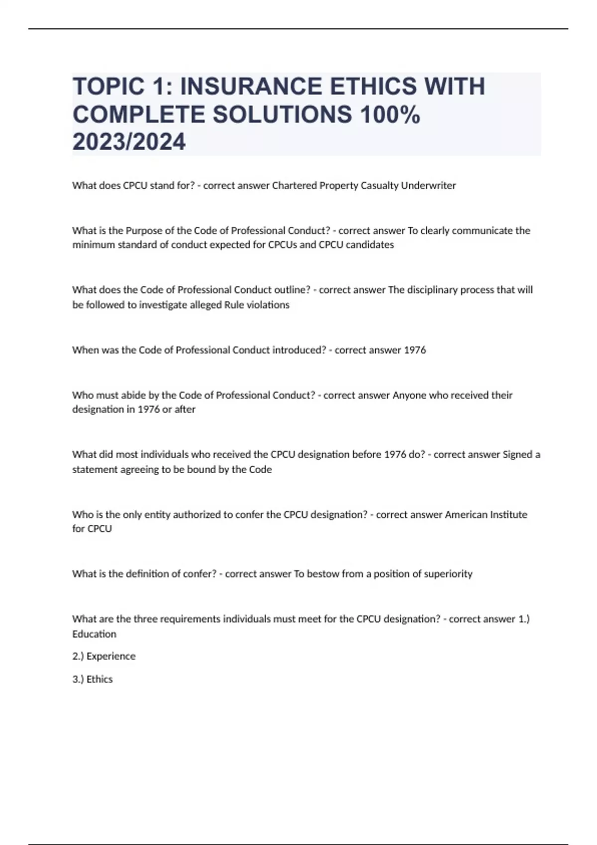TOPIC 1: INSURANCE ETHICS WITH COMPLETE SOLUTIONS 100% 2023/2024 - CPCU ...