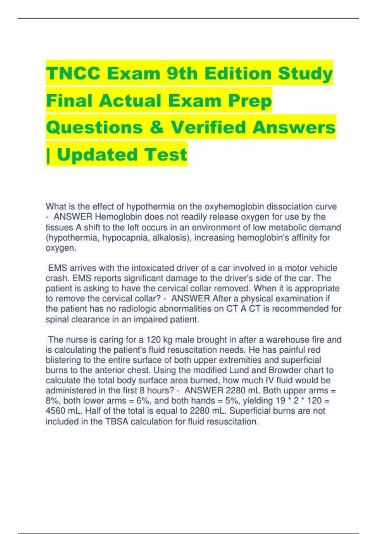TNCC Exam 9th Edition Study Final Actual Exam Prep Questions & Verified ...
