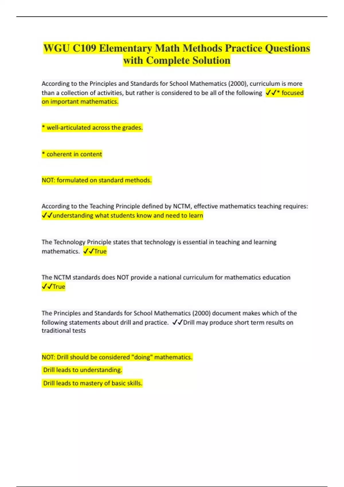 WGU C109 Elementary Math Methods Practice Questions with Complete ...