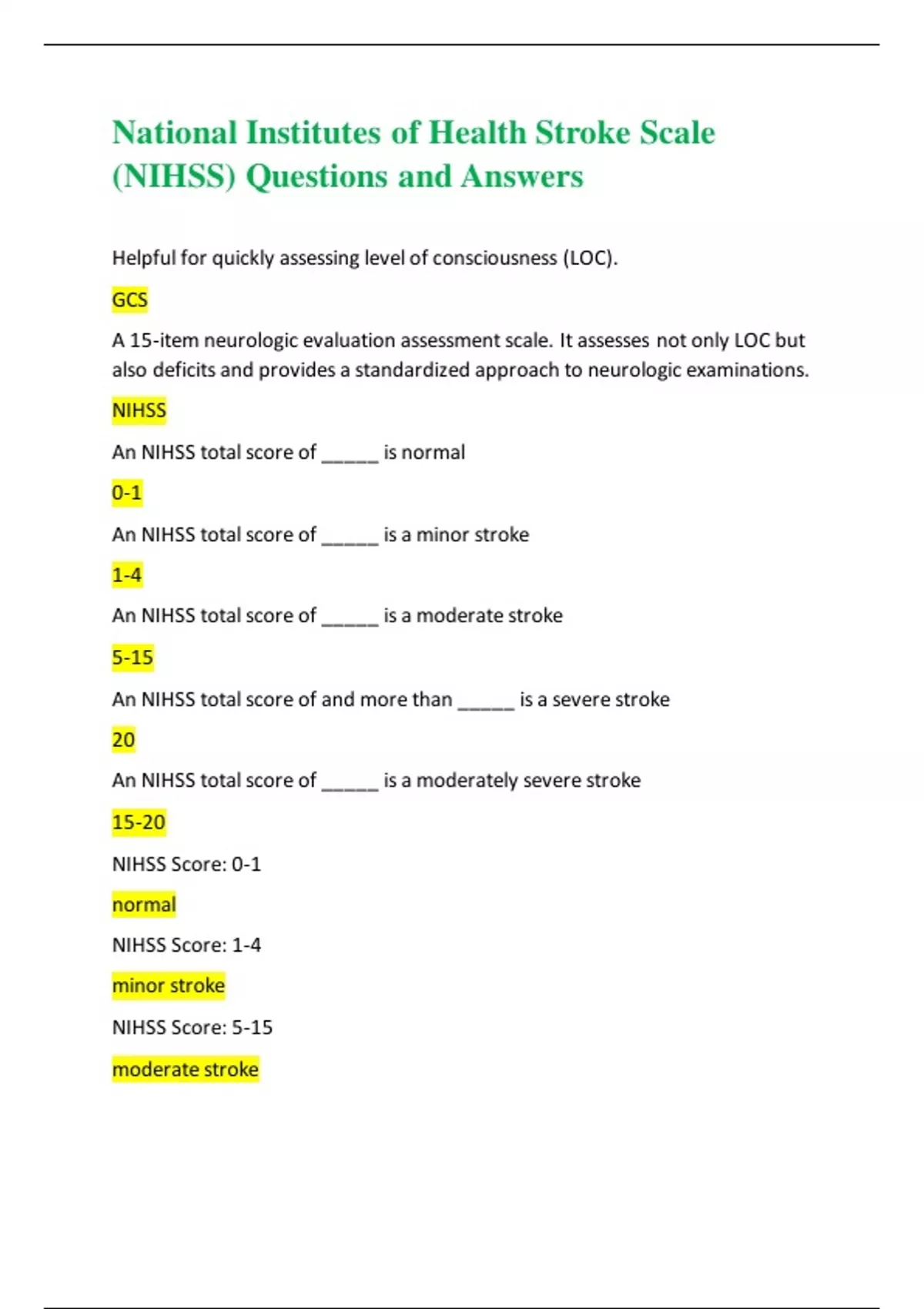 National Institutes of Health Stroke Scale (NIHSS) Questions and ...