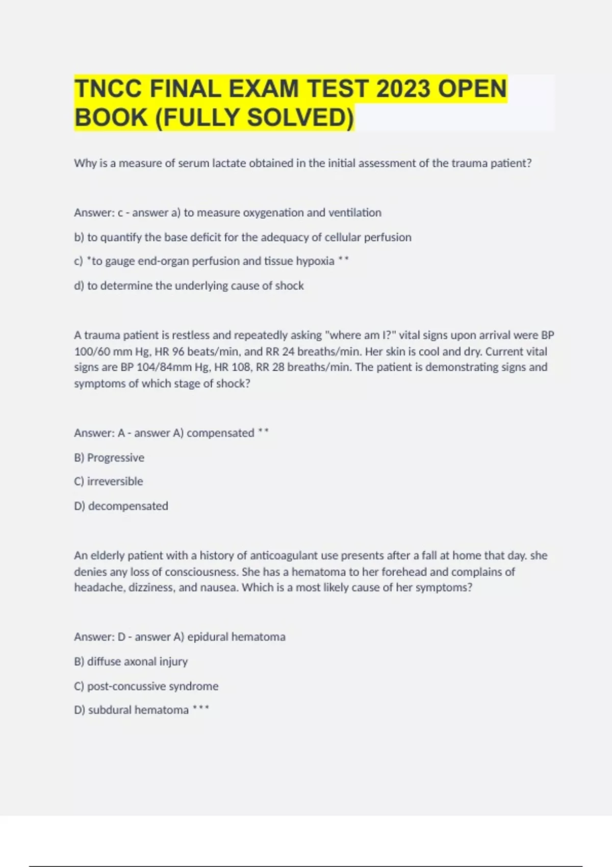 TNCC FINAL EXAM TEST 2023 OPEN BOOK (FULLY SOLVED). - ENPC - Stuvia FR