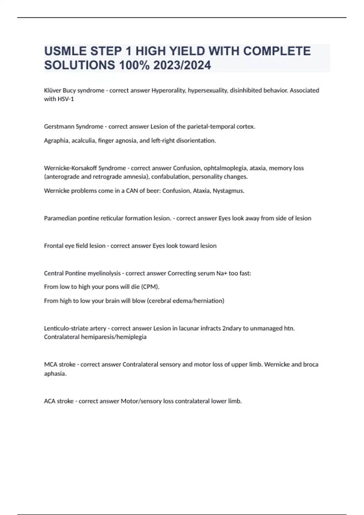 USMLE STEP 1 HIGH YIELD WITH COMPLETE SOLUTIONS 100% 2023/2024 - USMLE ...