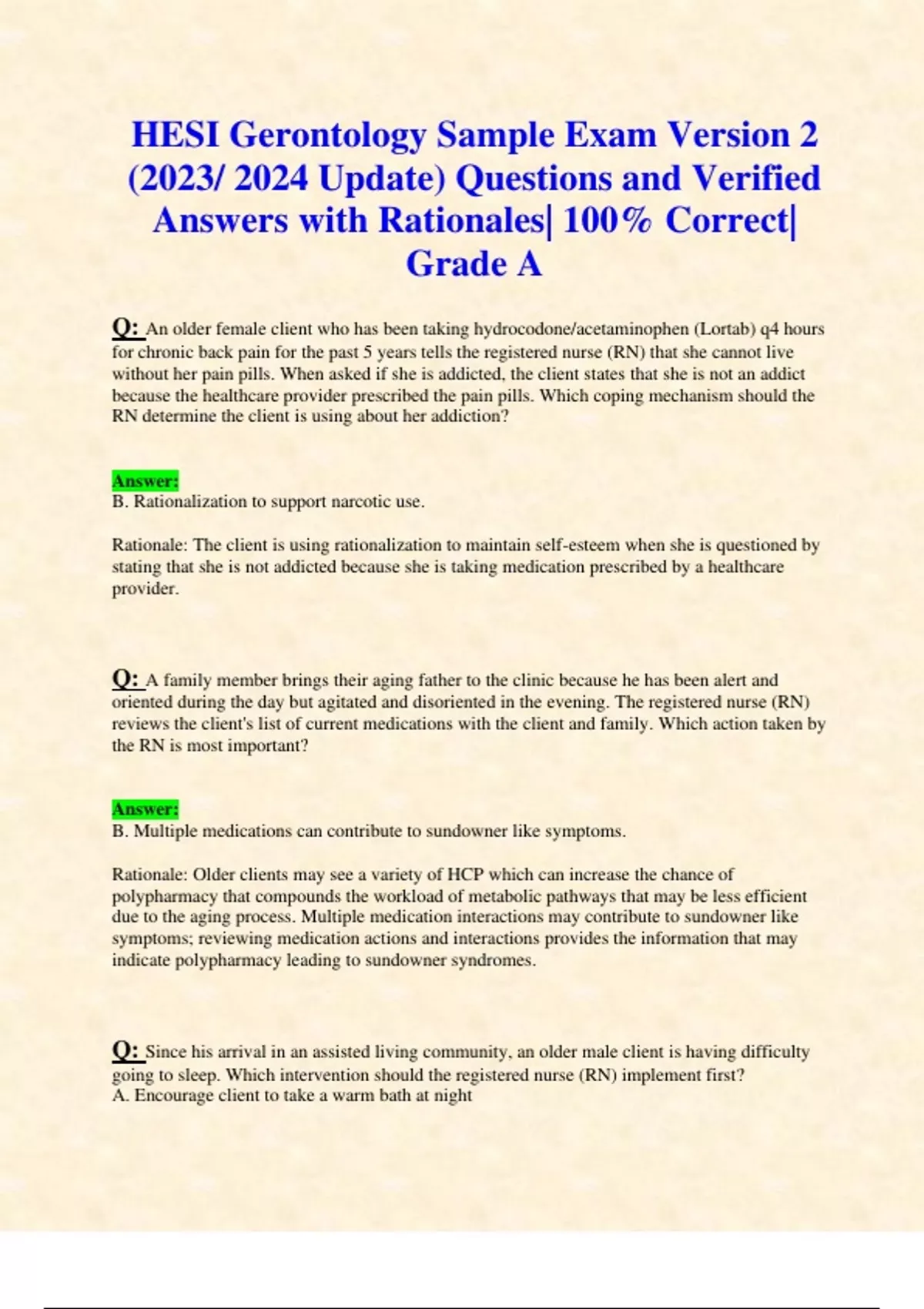 HESI Gerontology Sample Exam Version 2 (2023/ 2024 Update) Questions ...