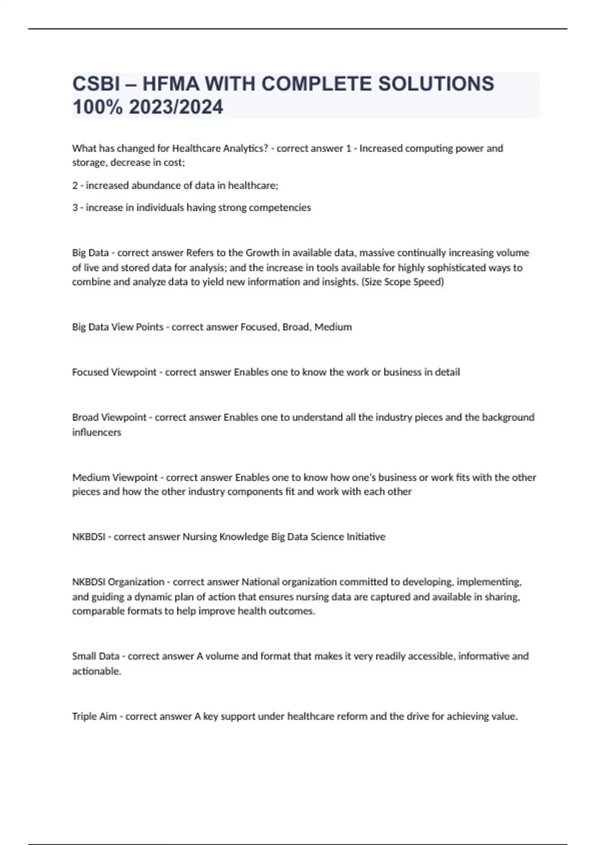 CSBI – HFMA WITH COMPLETE SOLUTIONS 100% 2023/2024 - Certified Specialist Business Intelligence ...